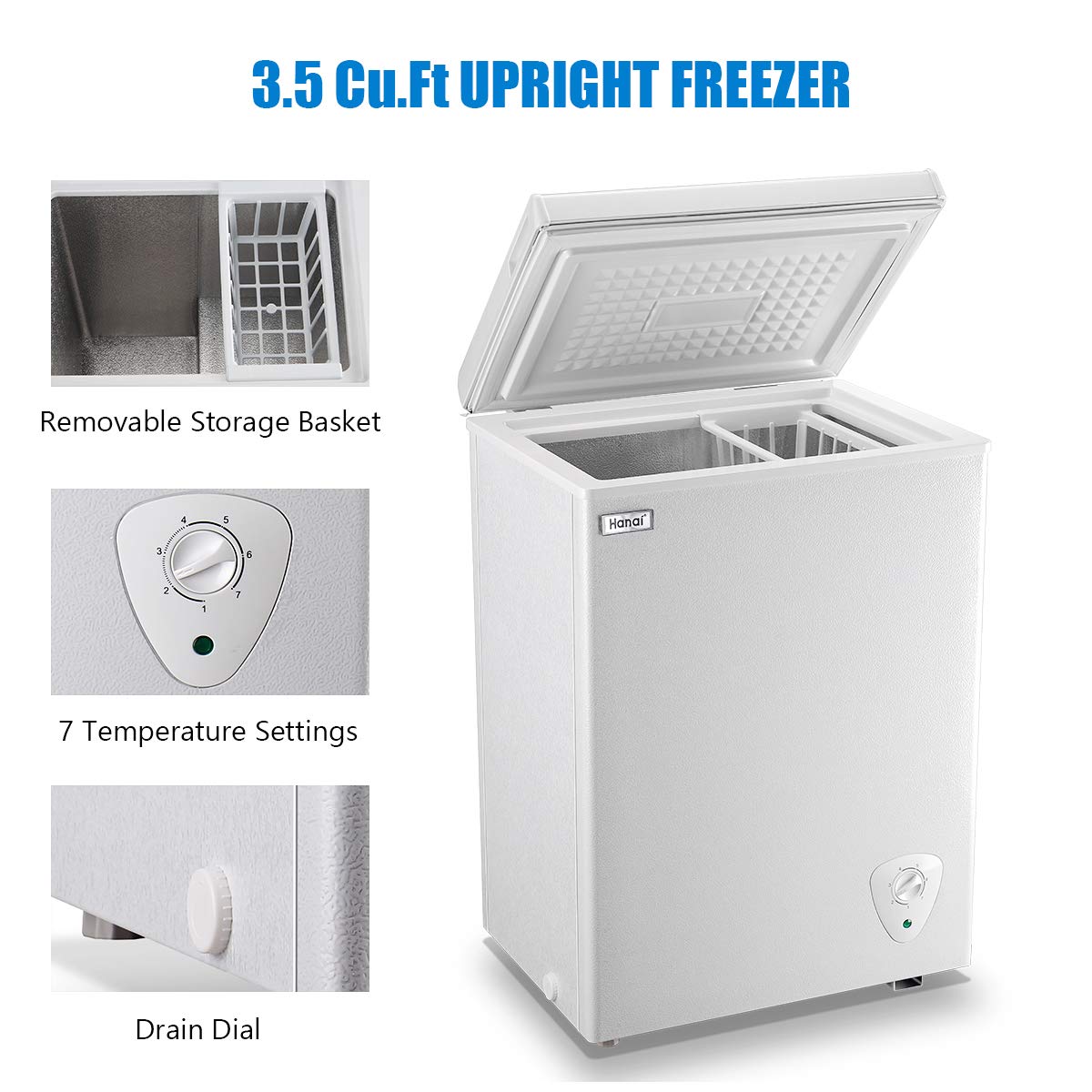 Chest Freezers Compact Mini Deep Freezer WANAI 3.5 Cu.Ft Free-standing Top Door Room Dorm Office Garage Freezer with 7 Adjustable Temp Control Removable Basket for Apartment Basement Business