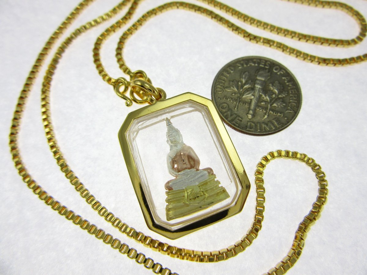 Bangkok Bazaar Beautifully Detailed Thai Sothon Buddha Amulet Pendant 18k Gold Plated with 22" Chain