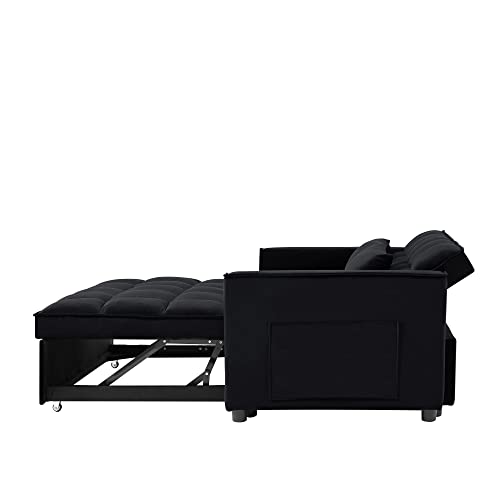 Holaki Convertible Velvet Sleeper Sofa Bed, 55.2" Velvet Loveseat Sofa Modern Pull Out Sofa Bed Lounge Chaise Armchair with Adjustable Backrest,2 Lumbar Pillows,Small Couch for Home Office(Black)