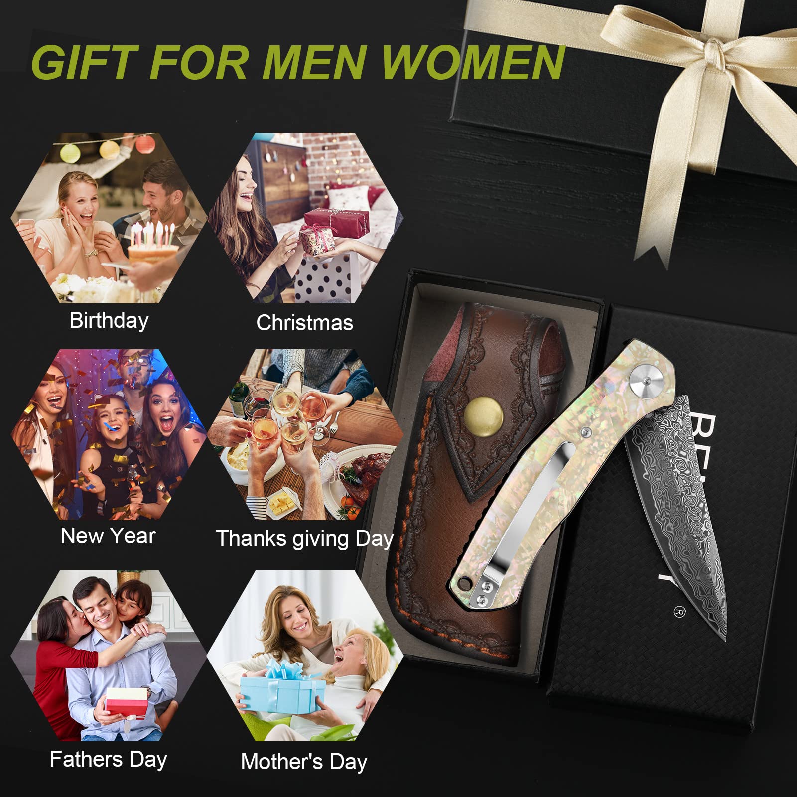Benkey VG10 Damascus Abalone Seashells Pocket Knife 3 Pack and VG10 Damascus Natural Wood Pocket Knife Bundles