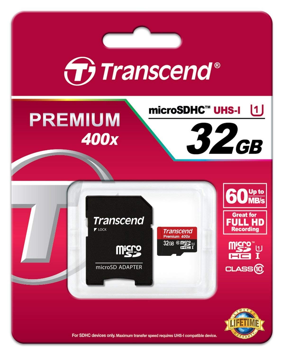 Transcend 32GB microSDHC Class10 Uhs-1 Memory Card with Adapter 60 MB/S (TS32GUSDU1)