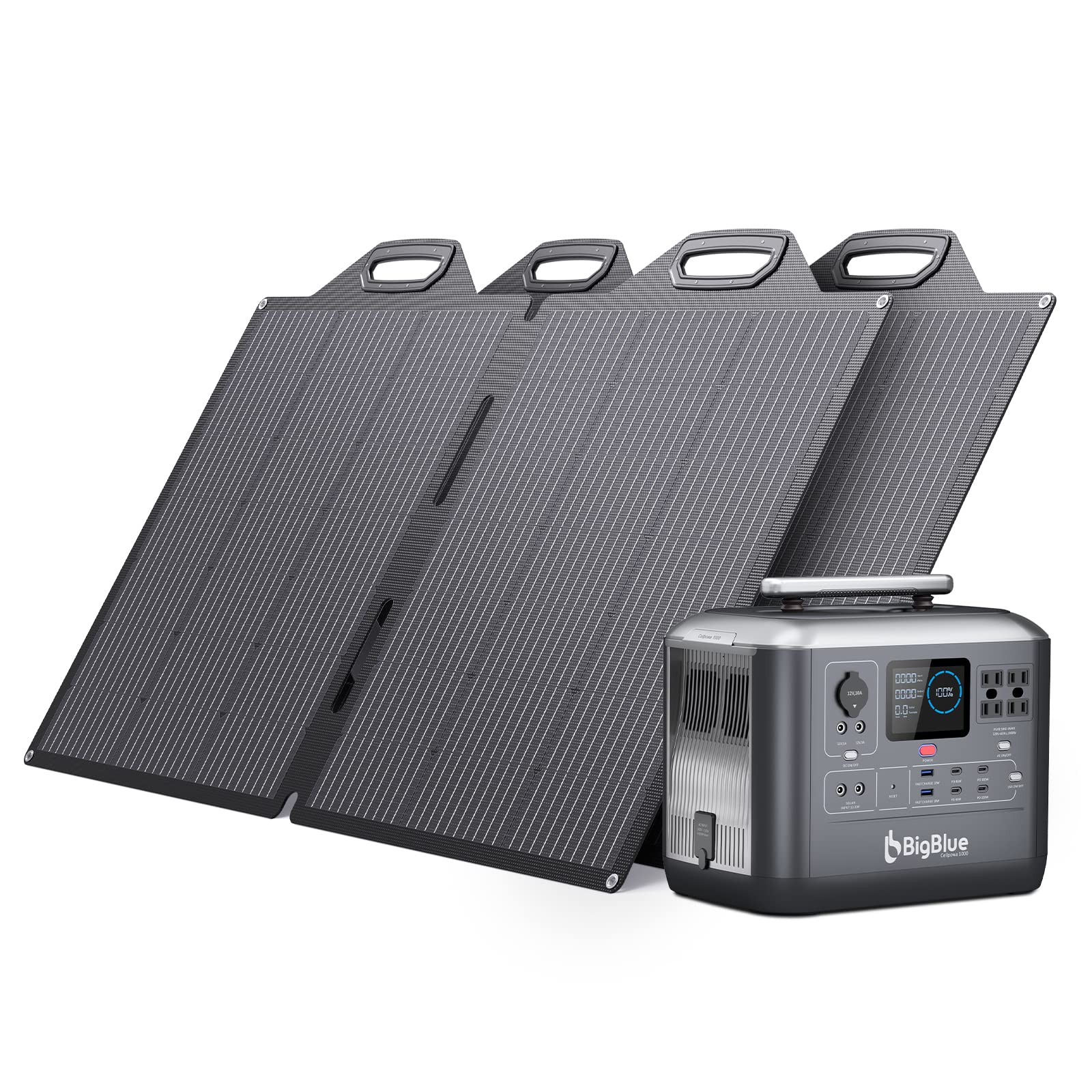BigBlue Solar Generator 1075.2Wh with 2PCS 150W Solar Panels, 4x1000W (2000W Surge) AC Outlets, PD 100W USB-C, 10ms UPS, Portable Power Station with Panels for Home Backup, Emergency, RV Camping