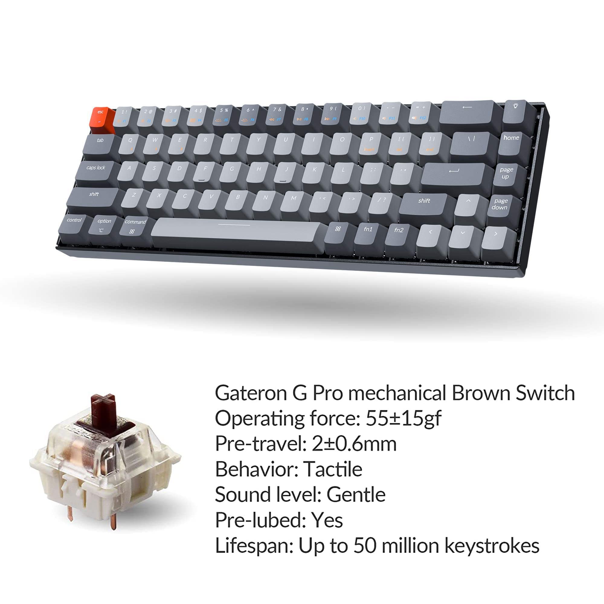 Keychron K6 Mechanical Keyboard 65% Compact 68 Key Wireless Gaming Keyboard, RGB Backlight Bluetooth 5.1/Wired Keyboard Compatible with Mac Windows, Gateron Brown Switch