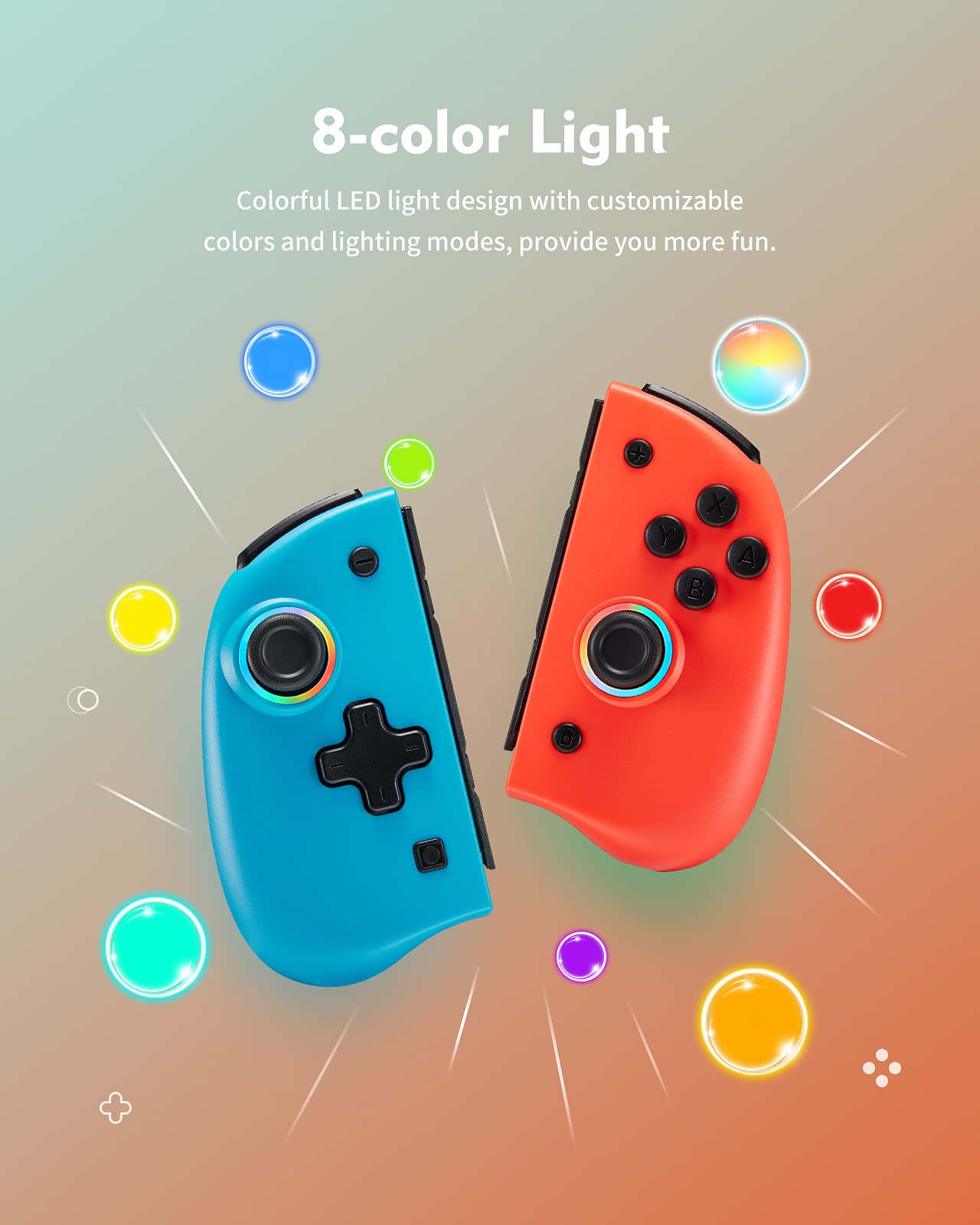 binbok Joypad for Switch, Wireless Controller 8 LED Colors, Remote Gamepad, Adjustable Turbo, Vibration, Ergonomic, Switch Console Accessories, Back Button (RED&BULE)