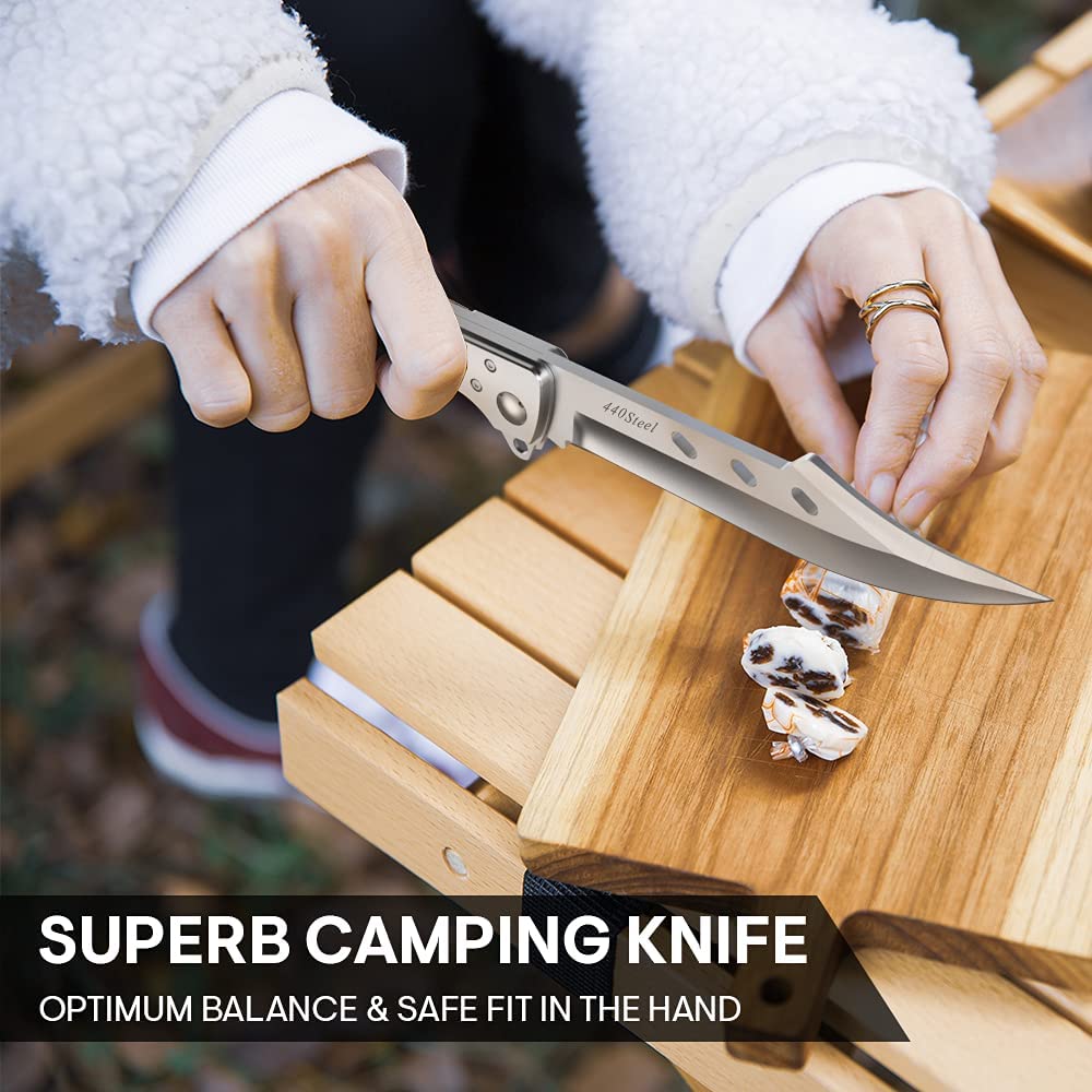 Bundle of 2 items - Grand Way Hunting Folding Knife with Rosewood Handle - Black Pocket Knife - Serrated Sharp 3,5" Blade Folding Knives - EDC Pocket Knife - Foldable Long Blade- Birthday Gifts