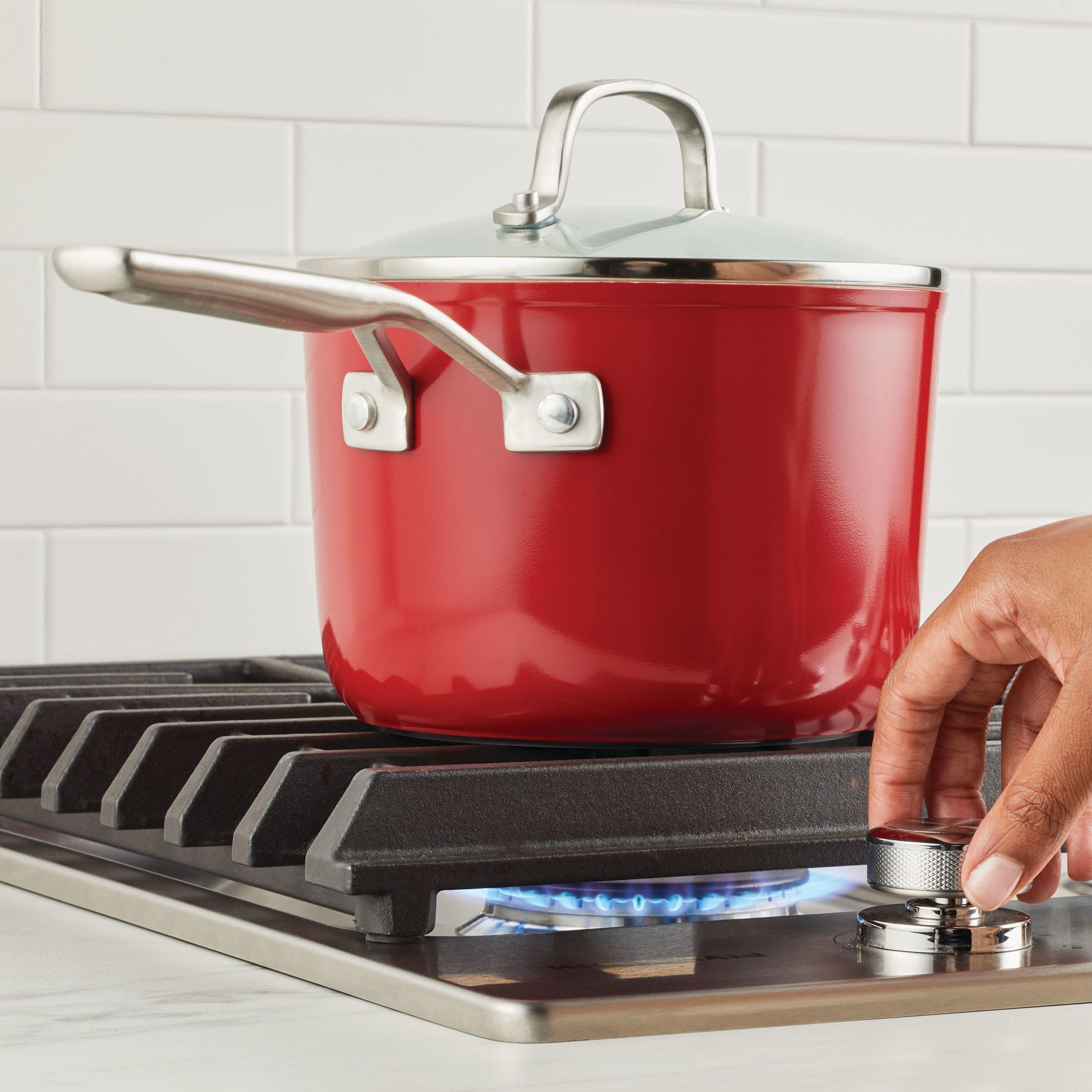 KitchenAid Hard Anodized Ceramic Nonstick Cookware Sauce Pan with Lid, 3 Quart, Empire Red