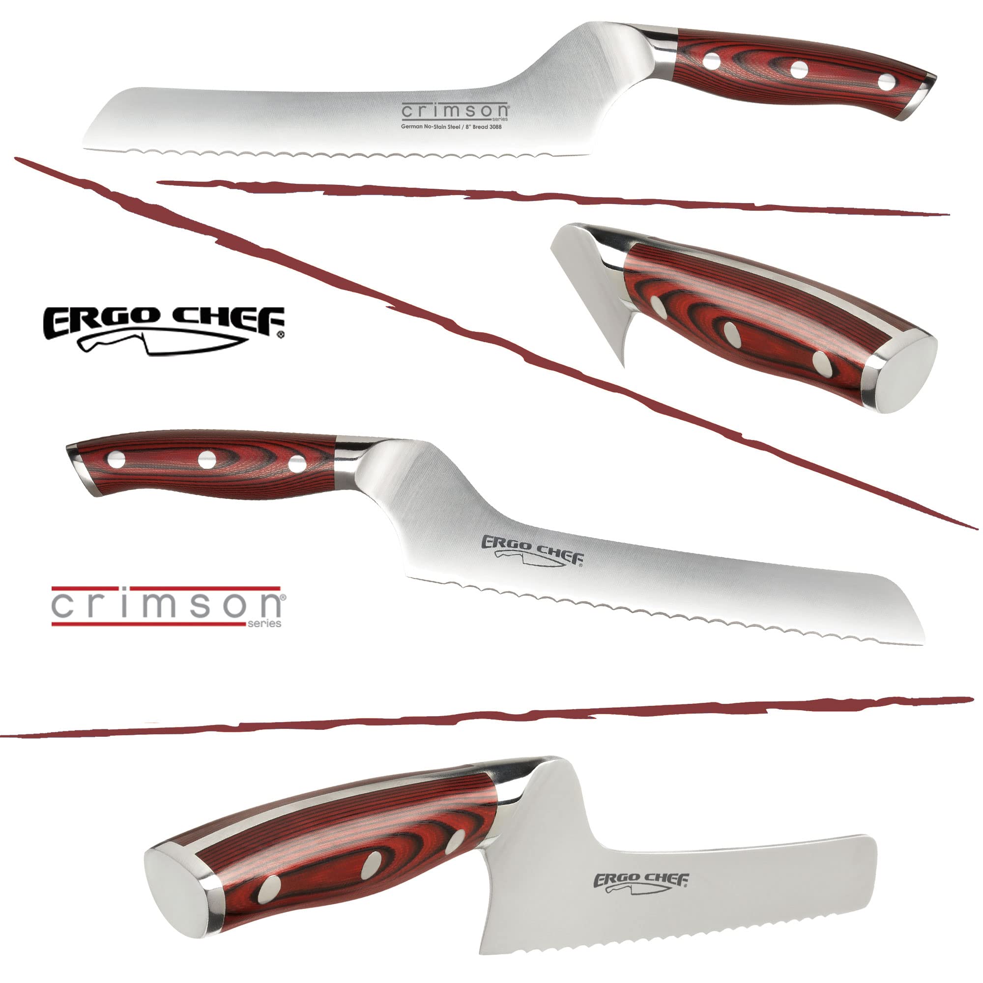 Ergo Chef Crimson Series Serrated Offset Bread & Deli Knife, 8-inch - Forged German X50CrMoV15 High-Carbon Stainless Steel - G10 Handle