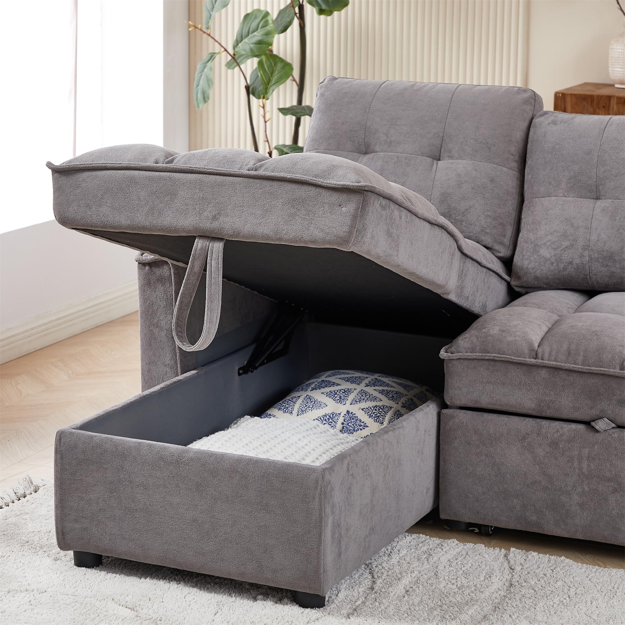 Convertible Chair Bed, 3 in 1 Convertible Sofa Bed Sleeper Sofa with Storage Chaise & Side Pocket, Built-in Charging Station, L-Shaped Couch in Chenille, Pull Out Sofa Bed Couch for Living Room, Beige
