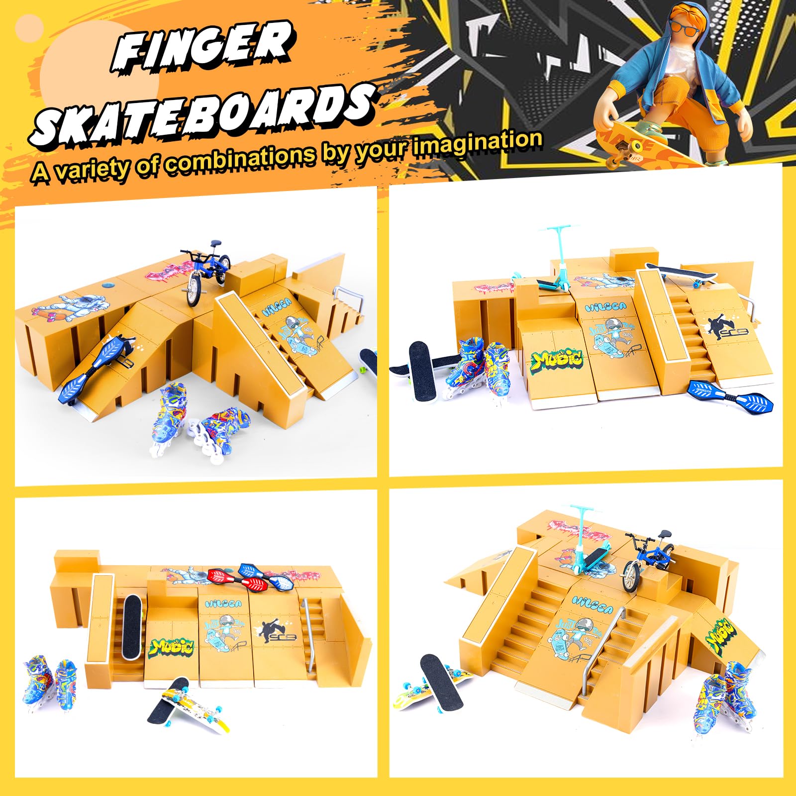 Finger Skateboard Skateparks ramp 8- in-1 kit Sets,Fingerboard Obstacles,Deck Ramps Mini Finger Skateboard Park kit, Finger Skateboards for Kids Birthday Toys etc