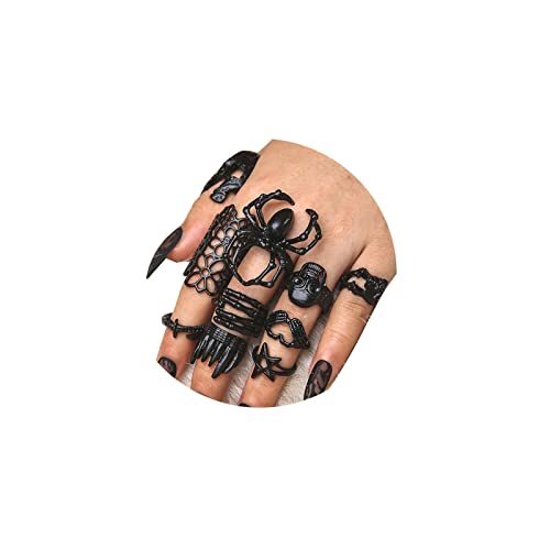 Black Ring Set for Men Women,Vintage Stackable Animal Rings Cool Adjustable Ring Pack Vintage Goth Punk Rings Set Chunky Knuckle Emo Rings Boho Snake Spider Eboy Open Y2K Rings (A)