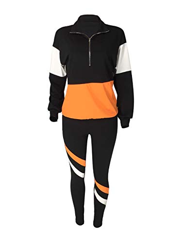 Bornpom Ladies Plus Size Tracksuit 2 Piece Jumpsuit Long Sleeve Half Zip Pullover Sweatshirt and Bodycon Pants Set Black XL
