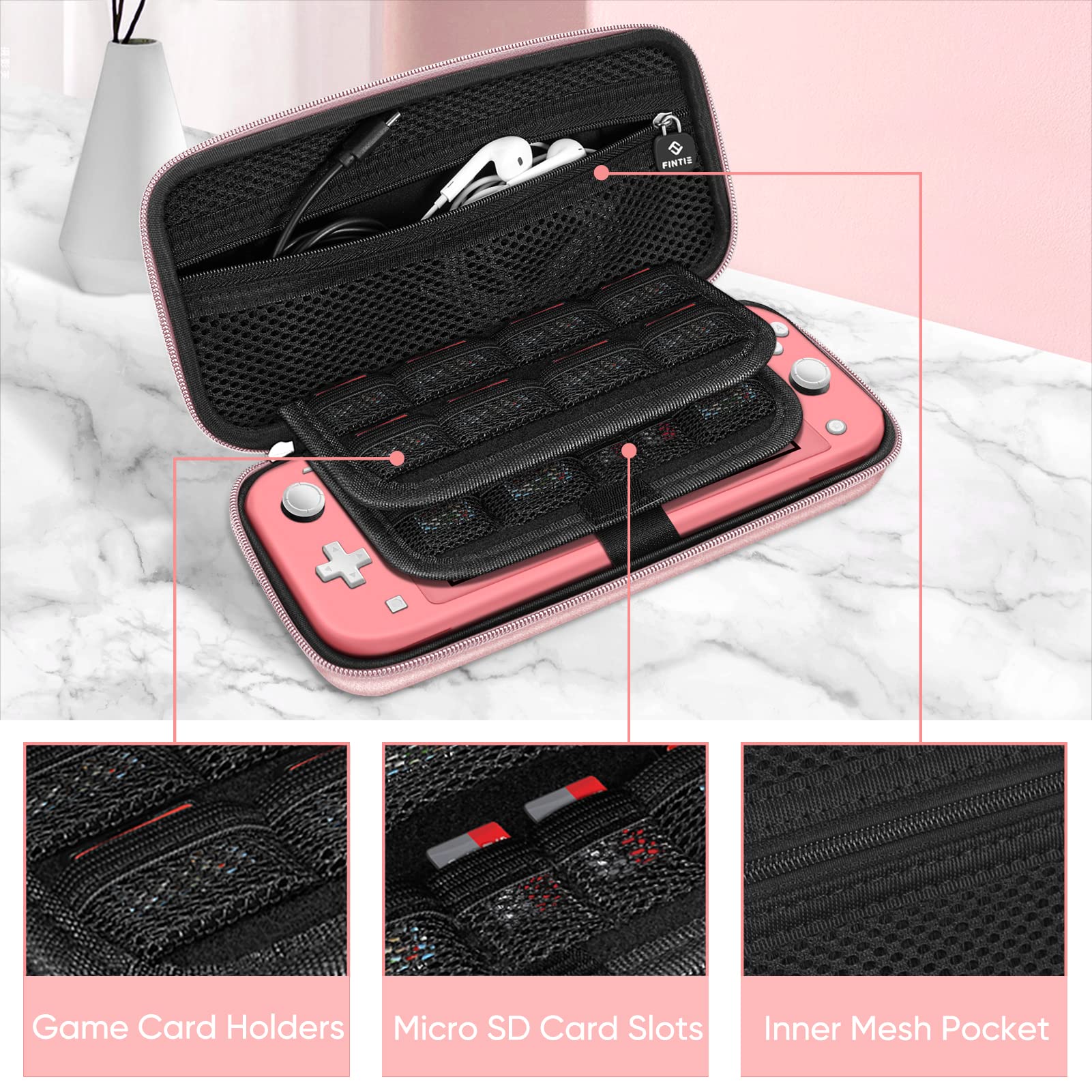 Fintie Carrying Case for Nintendo Switch Lite 2019, [Shockproof] Hard Shell Protective Cover Travel Bag w/15 Game Card & 2 Micro SD Card Slots for Switch Lite Console & Accessories, Rose Gold