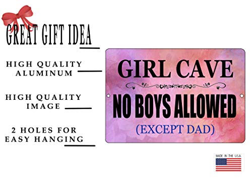 Rogue River Tactical Funny Girl Cave Metal Tin Sign, 12x8 Inch, Wall Décor- Bar Daughter Pink No Boys Allowed Bedroom Door