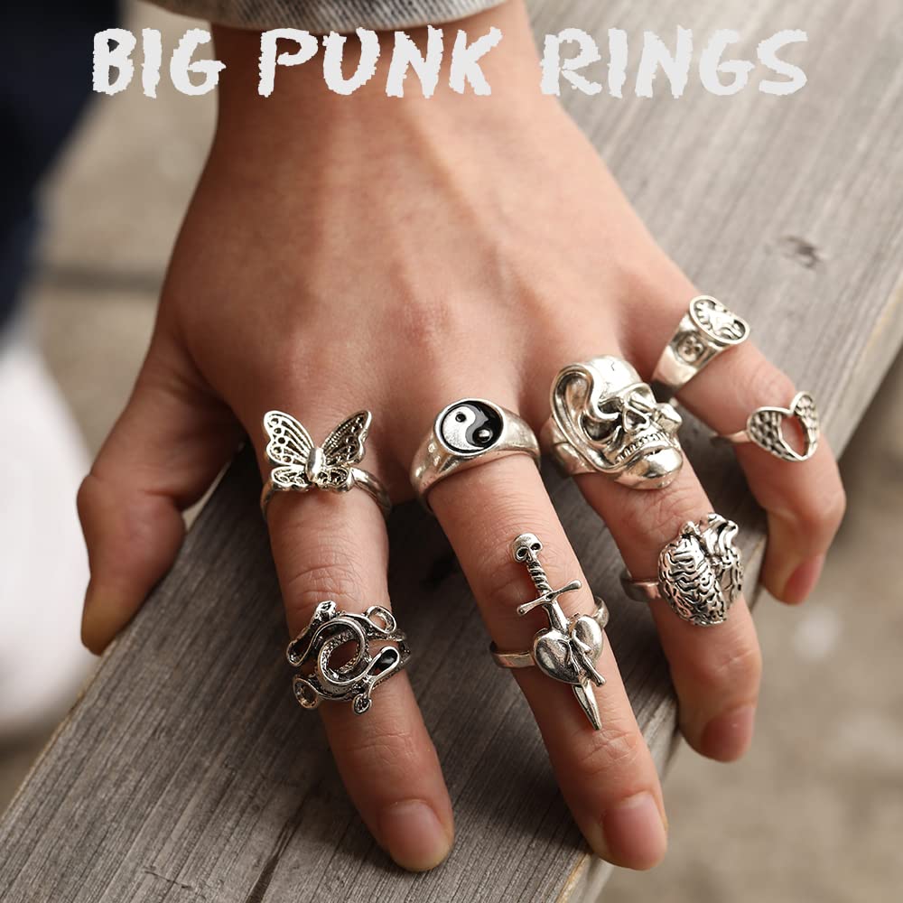 Black Rings for Men Women Girls, Goth Punk Rings Set, Cool Gothic Adjustable Ring Pack, Vintage Stackable Animal Rings Bulk, Vintage Chunky Knuckle Emo Rings, Boho Snake Spider Eboy Open Rings Y2K Accessories (Big silver punk rings-24 pcs)