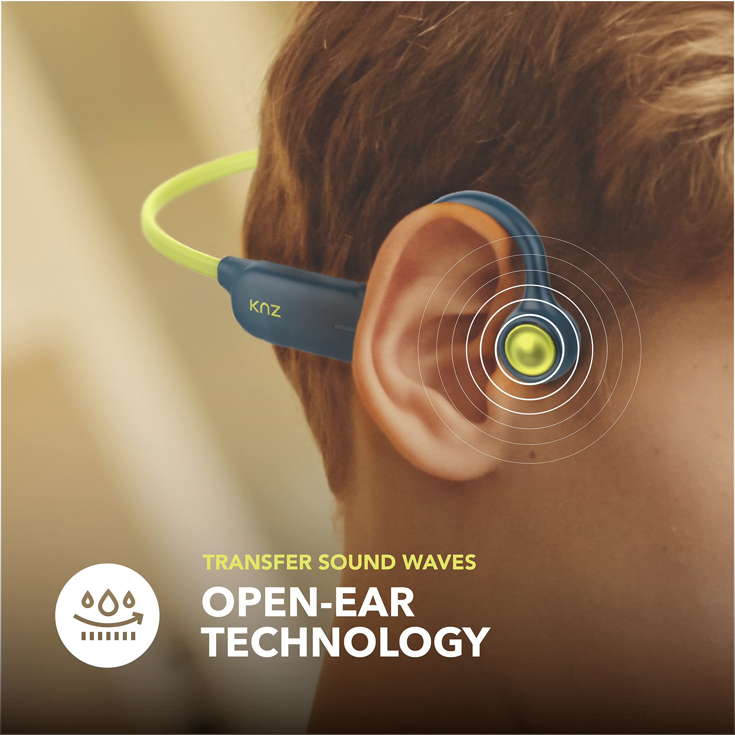 KNZ EZPZ Bluetooth Open-Ear Headphone, Perfect for Sports, Outdoor Activities and Children, Built-in Microphone, Sweat and Splash Proof, 6 Hrs Music Play, USB-C Charging (Neon)