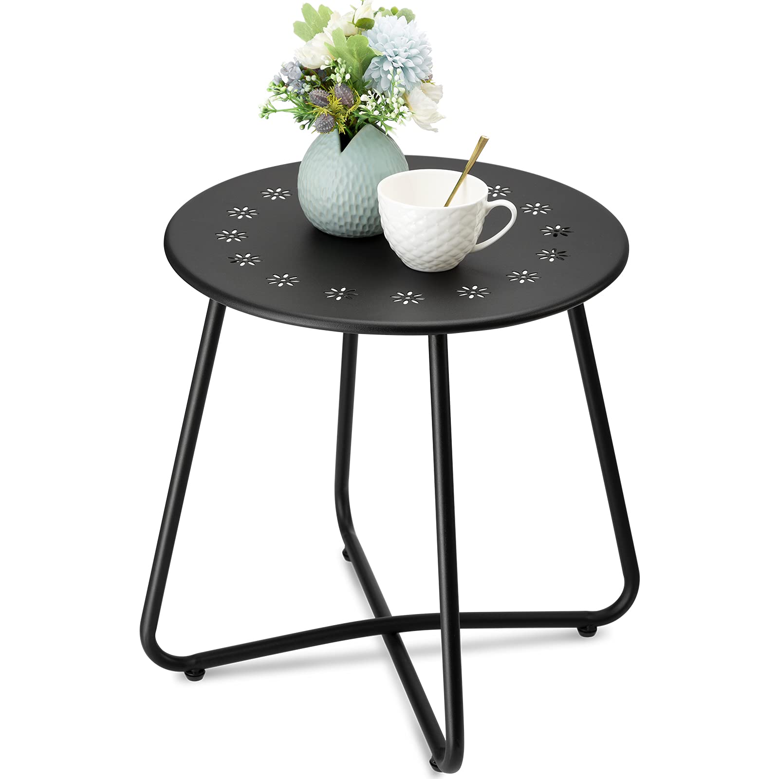 danpinera Outdoor Side Tables with Flower Cut Outs, Weather Resistant Steel Patio Side Table, Small Round Outdoor End Table Metal Side Table for Patio Yard Balcony Garden Black
