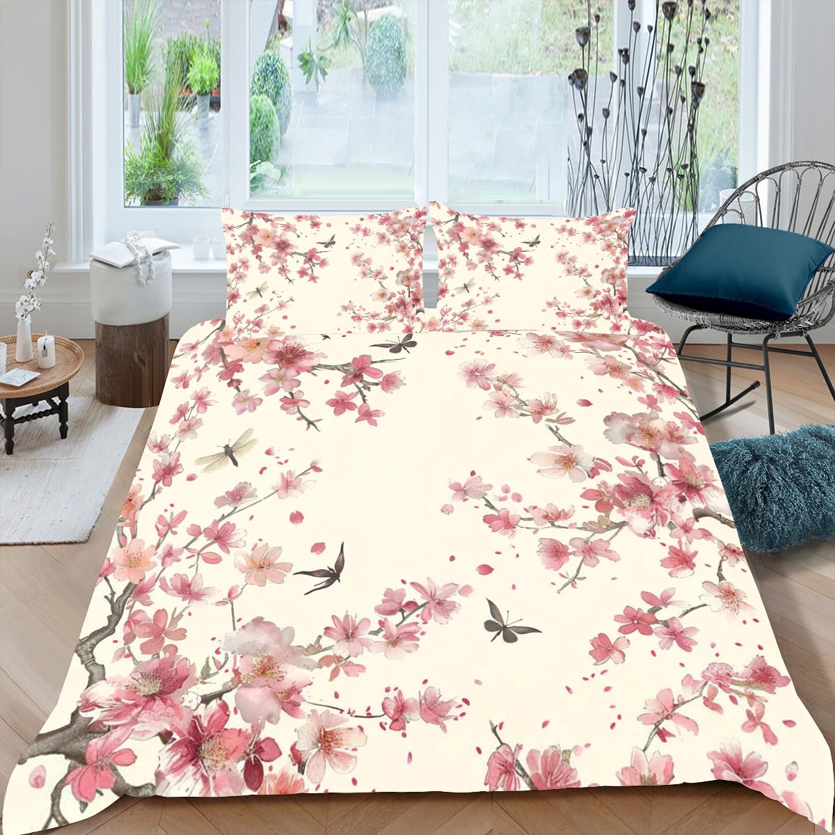 CCoutueChen Japanese Cherry Blossoms Duvet Cover Set King Size Pastel Pink Floral Comforter Bedding Set Nature Duvet Covers for Girls Women Adults Exquisite Flowers Duvet Cover with 2 Pillowcases