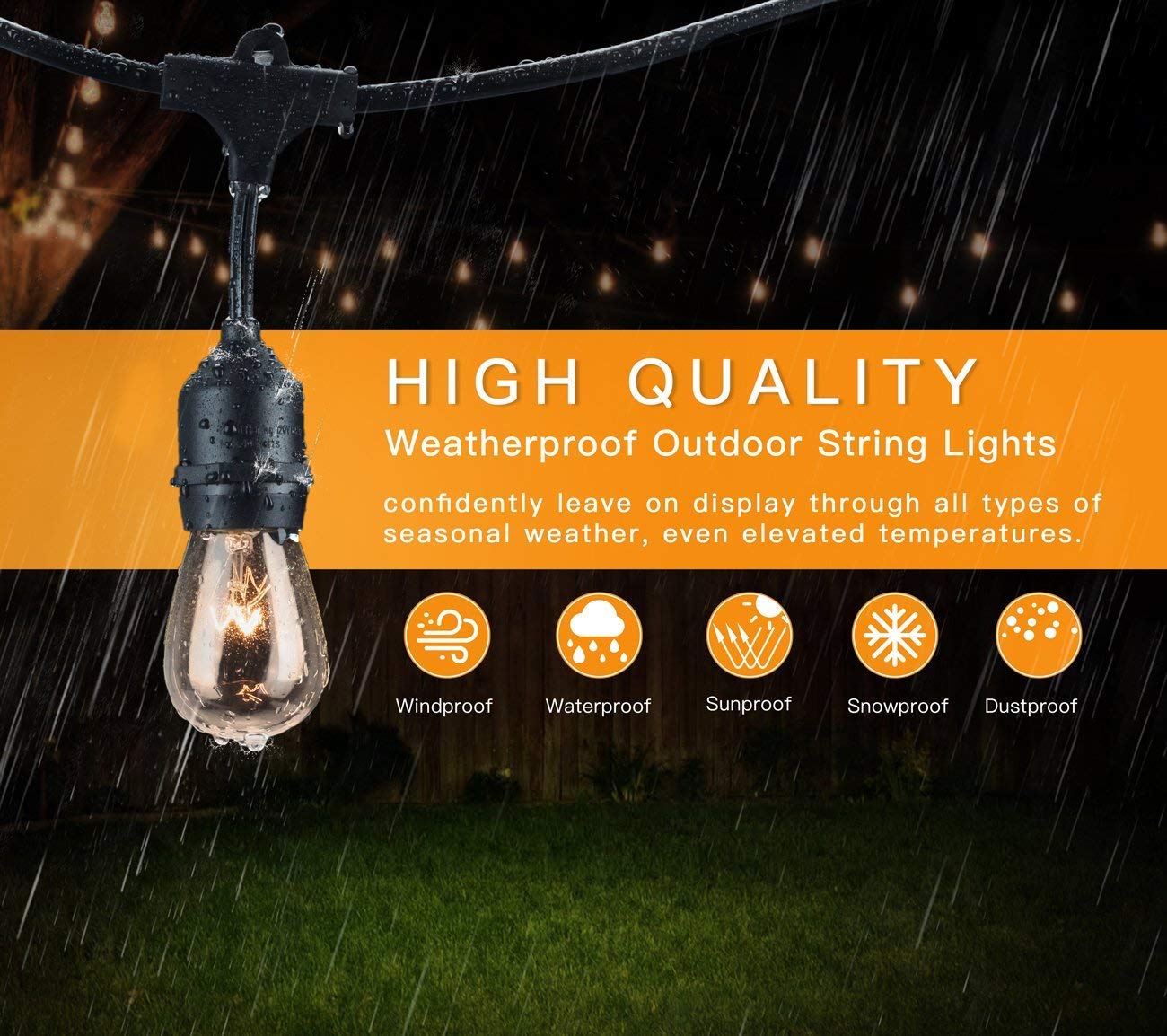Banord Outdoor String Lights, 2 Pack 48ft Waterproof Patio String Lights, Commercial Dimmable ETL Approved 15 Base Sockets, 18 S14 Bulbs(3 Spares) 2700K WarmWhite for Backyard Porch Garden