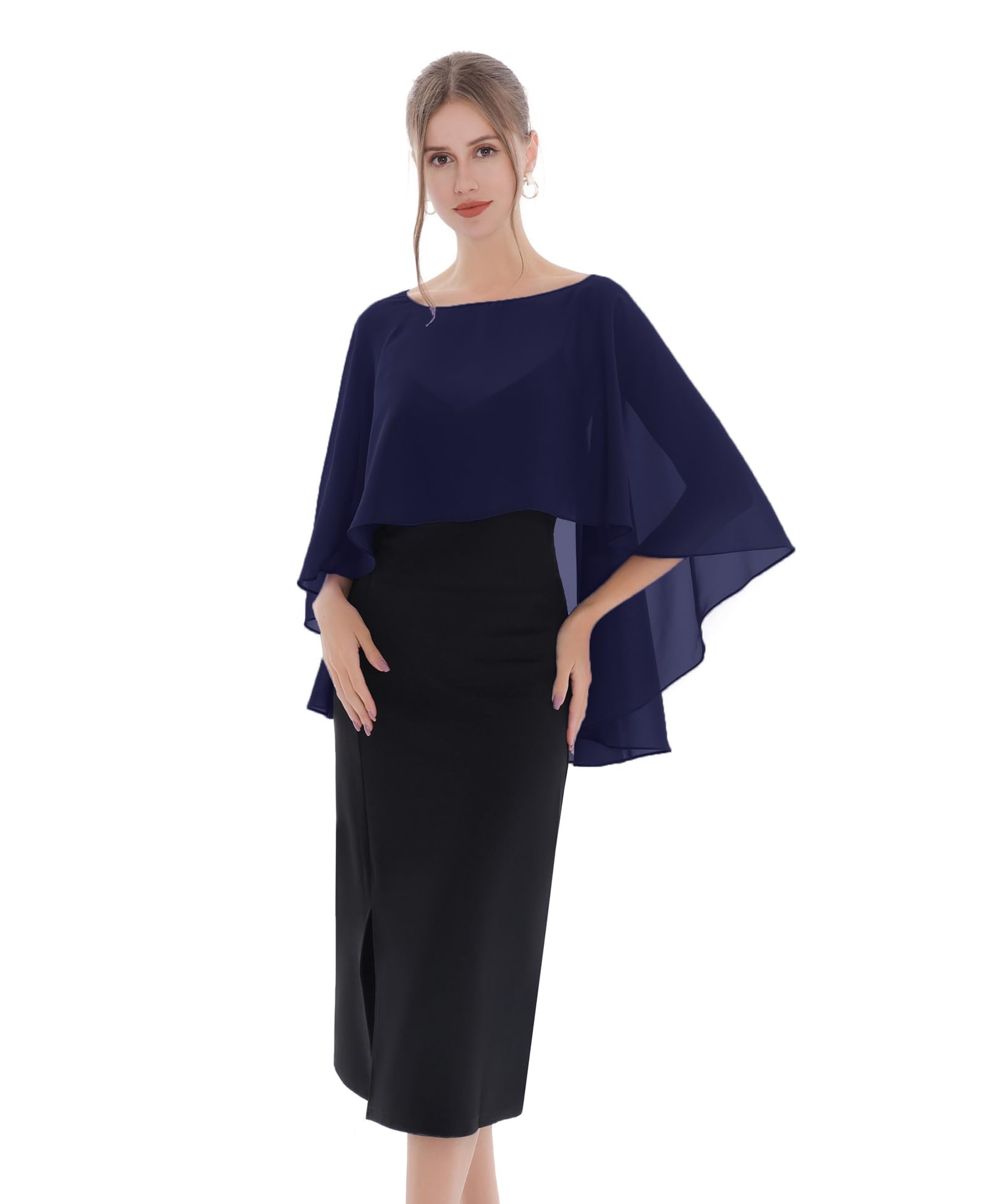 Baoqiya Women's Capelet Shawls and Wraps for Evening Dresses Soft Bridesmaid Shawl Chiffon Cape Wedding Cover Up(Navy)