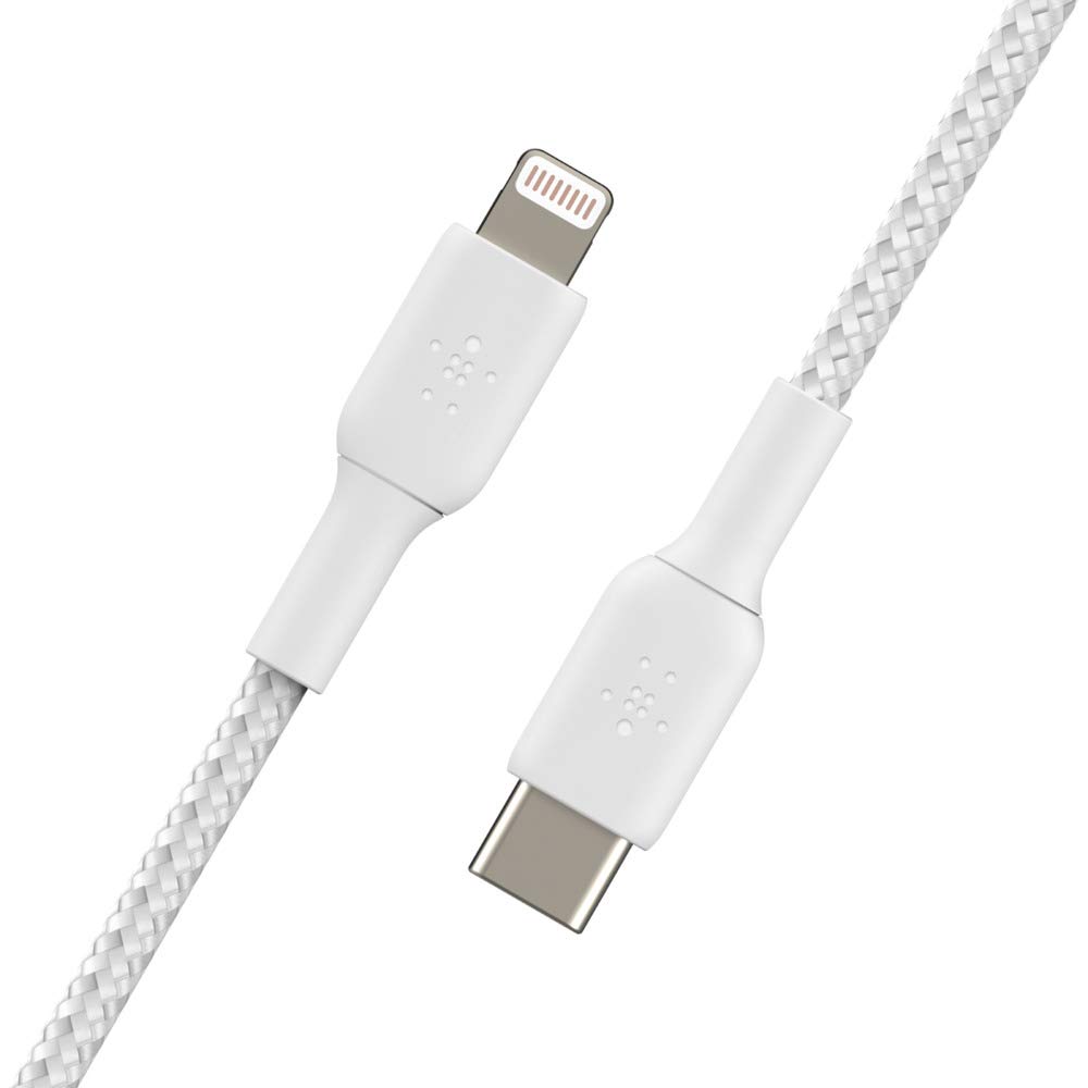 Belkin BoostCharge Nylon Braided USB C to Lightning Cable 6.6ft/2M - MFi Certified 18W Power Delivery iPhone Charger Cord - Apple Charger USB C Cable - Fast Charging for iPhone 14, iPhone 13 - White