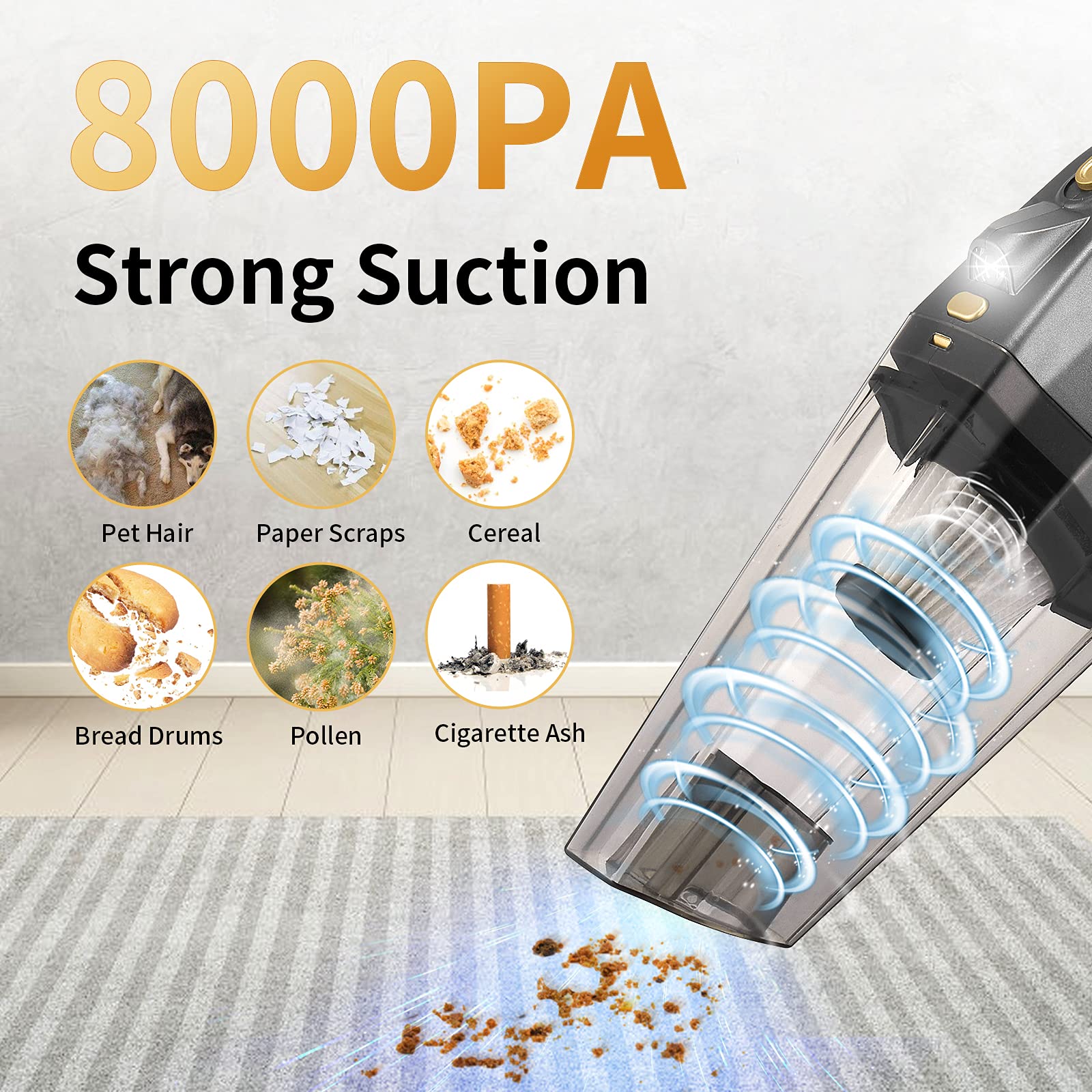 KOHUIJOO Cordless Handheld Vacuum Cleaner, Car Vacuum Cleaner Cordless, Dust Busters Cordless Rechargeable Small Portable Cordless USB Handheld Vacuum for Home and Car Cleaning with LED Light Gray