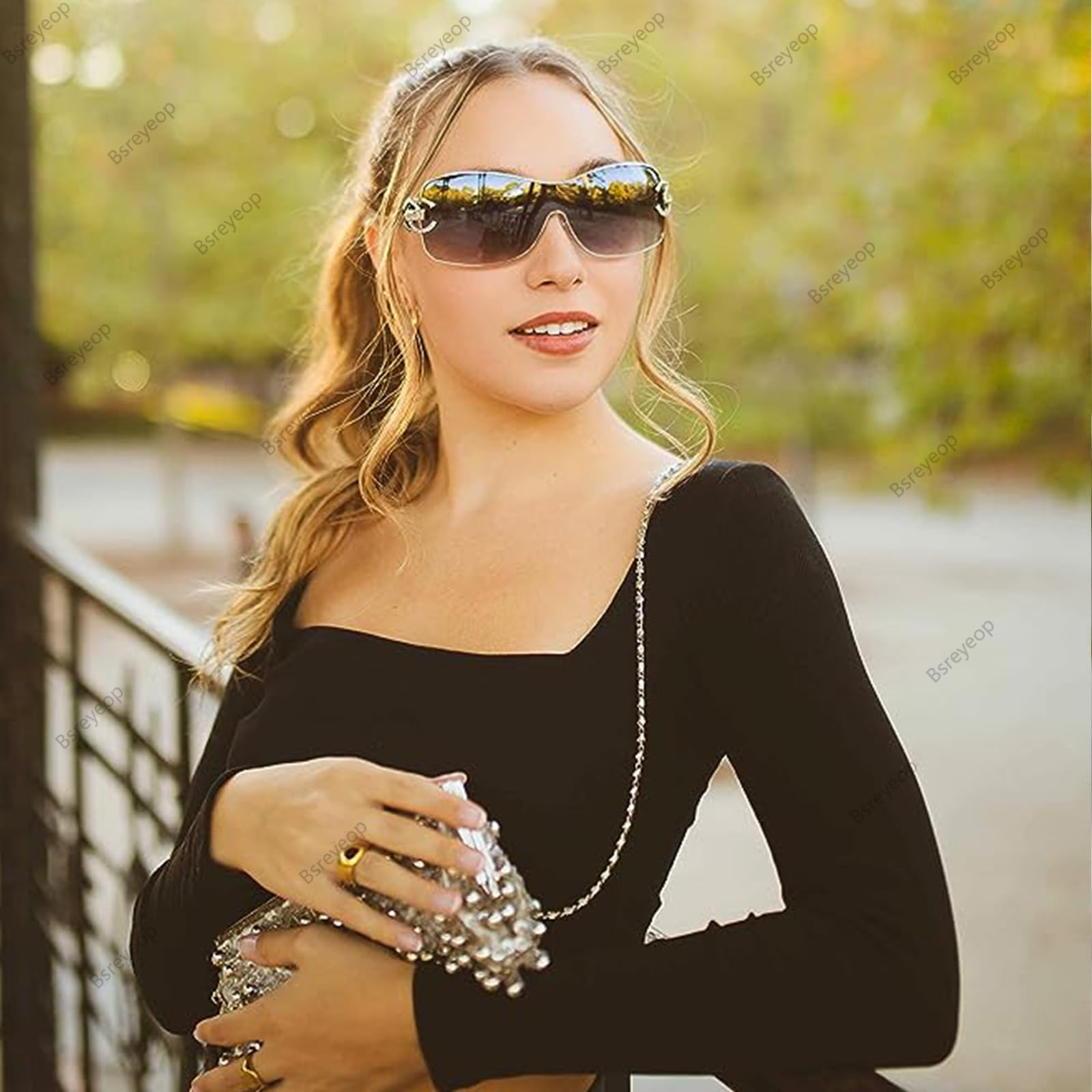 Bsreyeop Wrap Around Y2K Sunglasses for Women Men Fashion Large Frame One-piece Shades Trendy Shield Design Gradient Lens (Black Frame/Gradient Brown Lens C1)