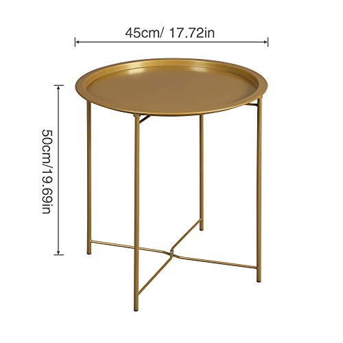 HOME BI Small Round End Table, Accent Side Table Nightstand with Removable Tray Top for Living Room Bedroom, Folding Mini Coffee Table, All Metal Frame, No Assembly Required, Gold