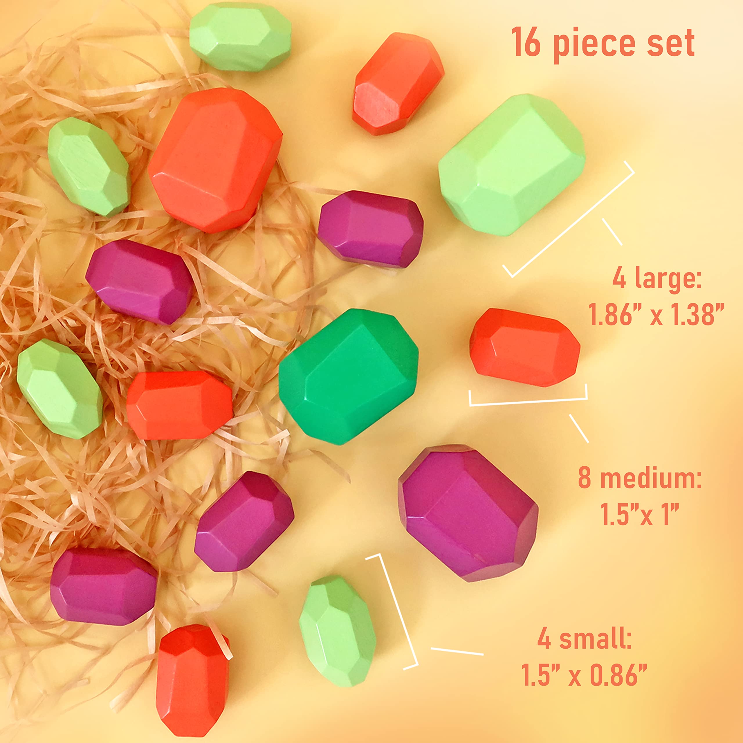 Open Road House Stacking Rocks - Stacking Stones - 16 pc Wooden Stacking Rocks for Kids - Sorting & Stacking Toys - Balancing Stones - Wooden Stacking Stones - Rock Blocks Kids (Orange Green Purple)