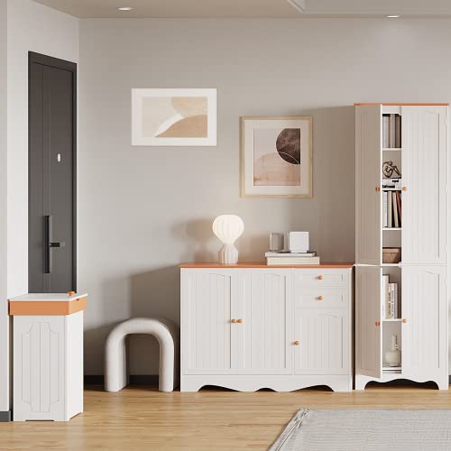 Function Home Trash Can Cabinet, 23 Gallon Kitchen Garbage Can, Wooden Recycling Trash Bin, Freestanding Dog Proof Trash Can, Farmhouse Trash Cabinet with Lid for Home Kitchen Bathroom, White
