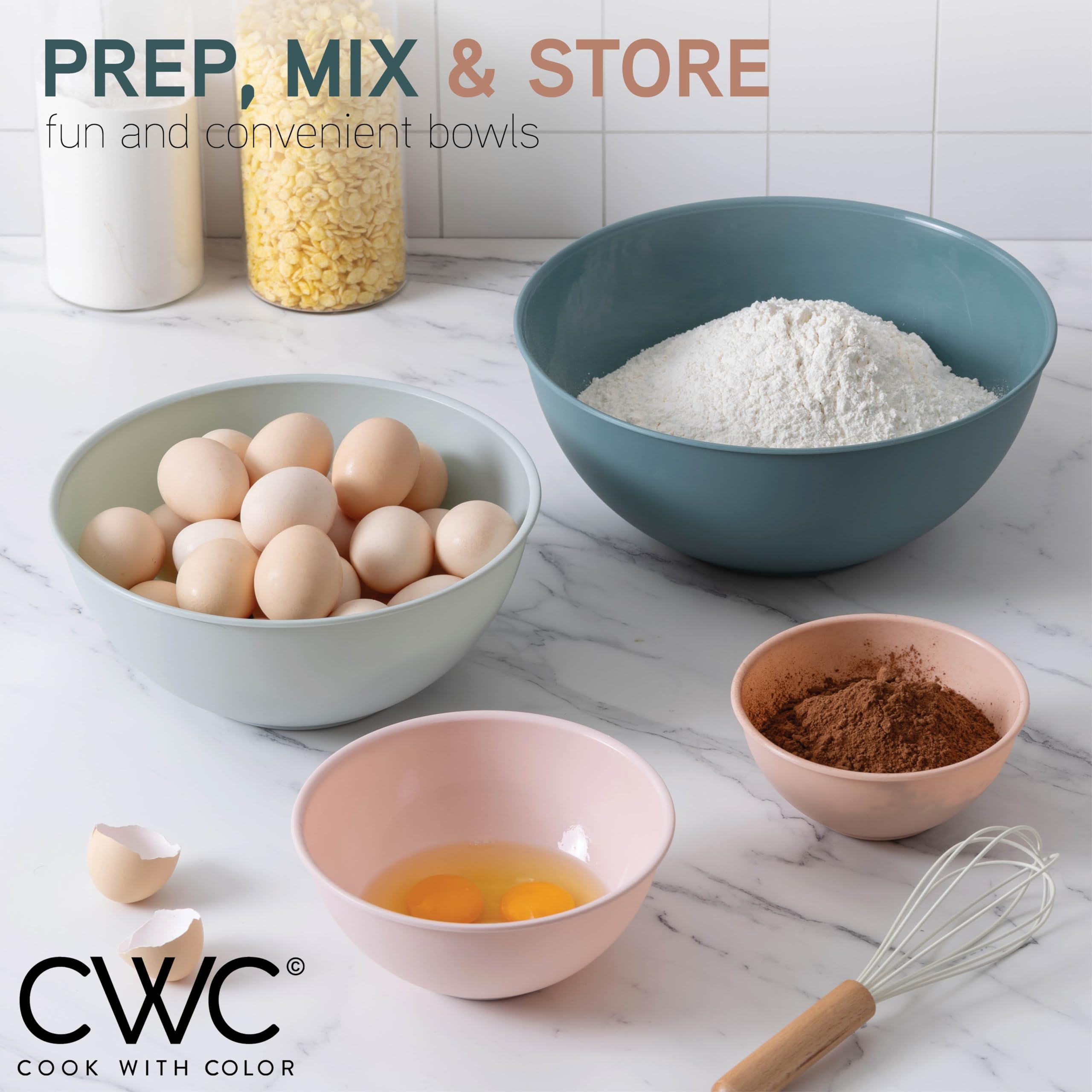 COOK WITH COLOR Mixing Bowls with TPR Lids - 12 Piece Plastic Nesting Bowls Set includes 6 Prep Bowls and 6 Lids, Microwave Safe (Teal)
