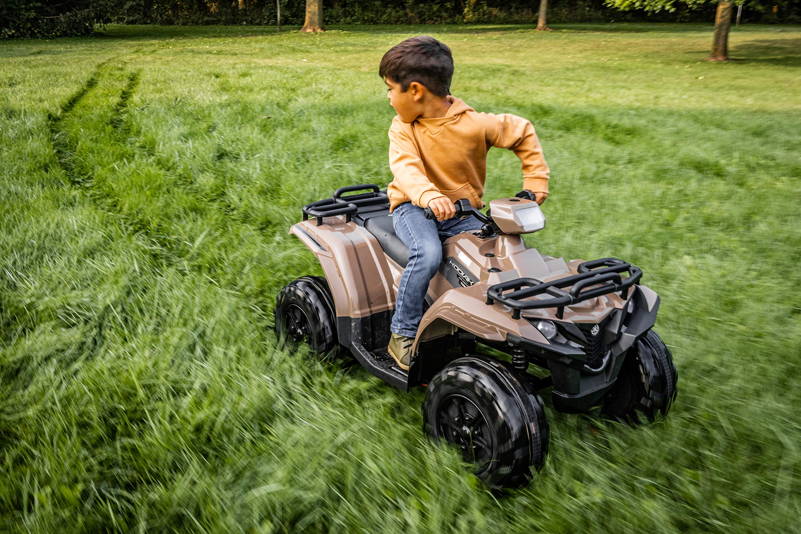 Kid Trax Yamaha ATV Toddler/Kids Electric Ride On Toy, 12 Volt, 3-7 yrs Old, Max Weight 88 lbs, Single or Double Riders, MP3 Player Input, Kodiak Tan
