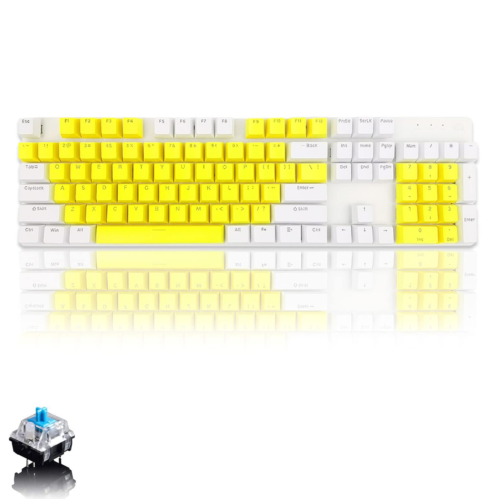 Basaltech Mechanical Gaming Keyboard with Rainbow LED Backlit, 104-Key Anti-Ghosting Blue Switch Metal Panel Light Up Keyboard Ergonomic Design Wired USB for PC, Laptop, Mac (Blue-White)