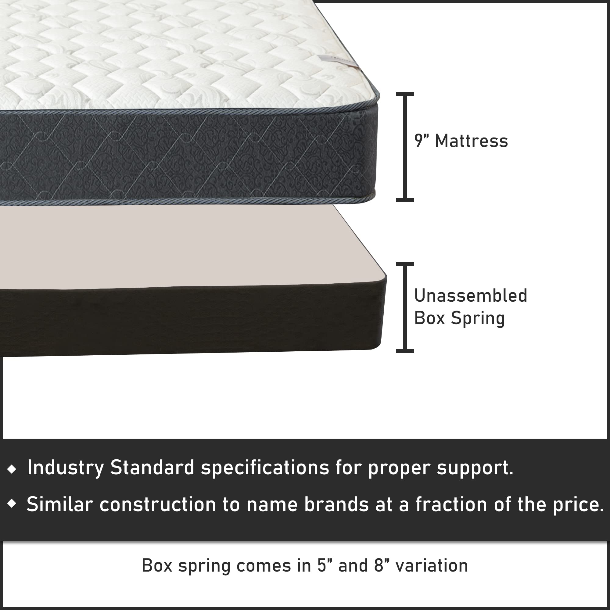 Treaton 9-Inch Medium Firm Tight top Single Sided Hybrid Mattress with 5” Unassembled Box Spring, Queen, Black