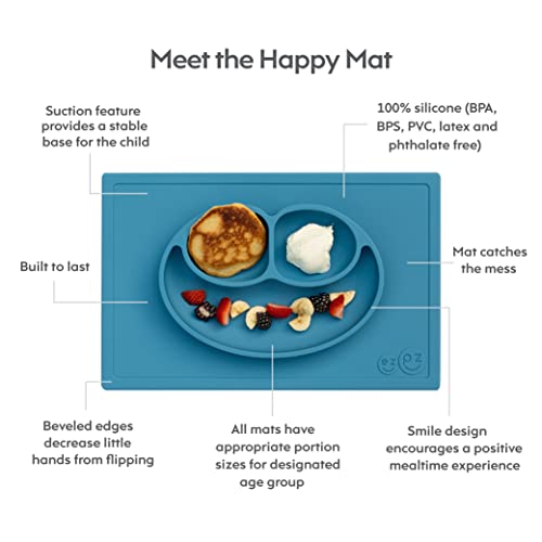 ezpz Happy Mat (Blue) New Version - 100% Silicone Suction Plate with Built-in Placemat for Toddlers + Preschoolers - Divided Plate - Dishwasher Safe