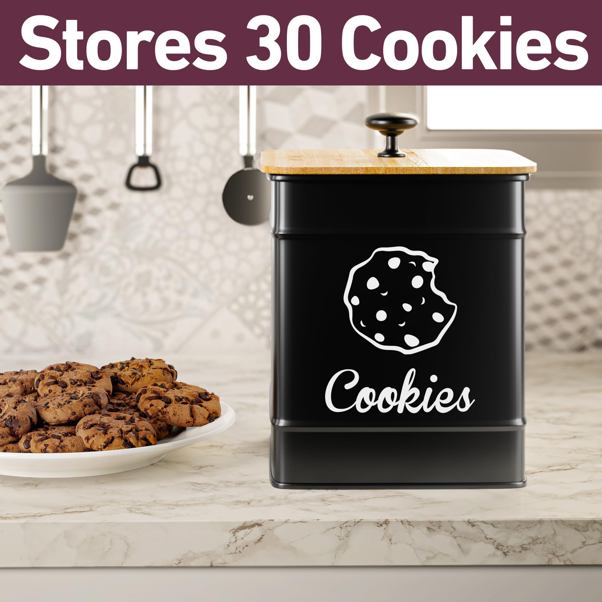 Cookie Jar with Airtight Bamboo Lid - 6"W x 6"D x 8"H Black Iron Cookie Tin - Large Cookie Jars with Lids Airtight - Farmhouse Cookie Jars for Kitchen Counter Decorative - Cute Cookie Jar Airtight Lid