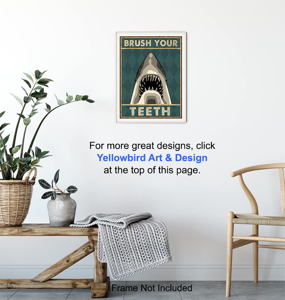 Boys Bathroom Wall Art & Decor - Brush Your Teeth Kids Bathroom Decor - Beach Bathroom Decor - Funny Shark Bathroom Decor - Bath Wall Decor - Unique Restroom Sign - Bathroom Pictures Poster Prints