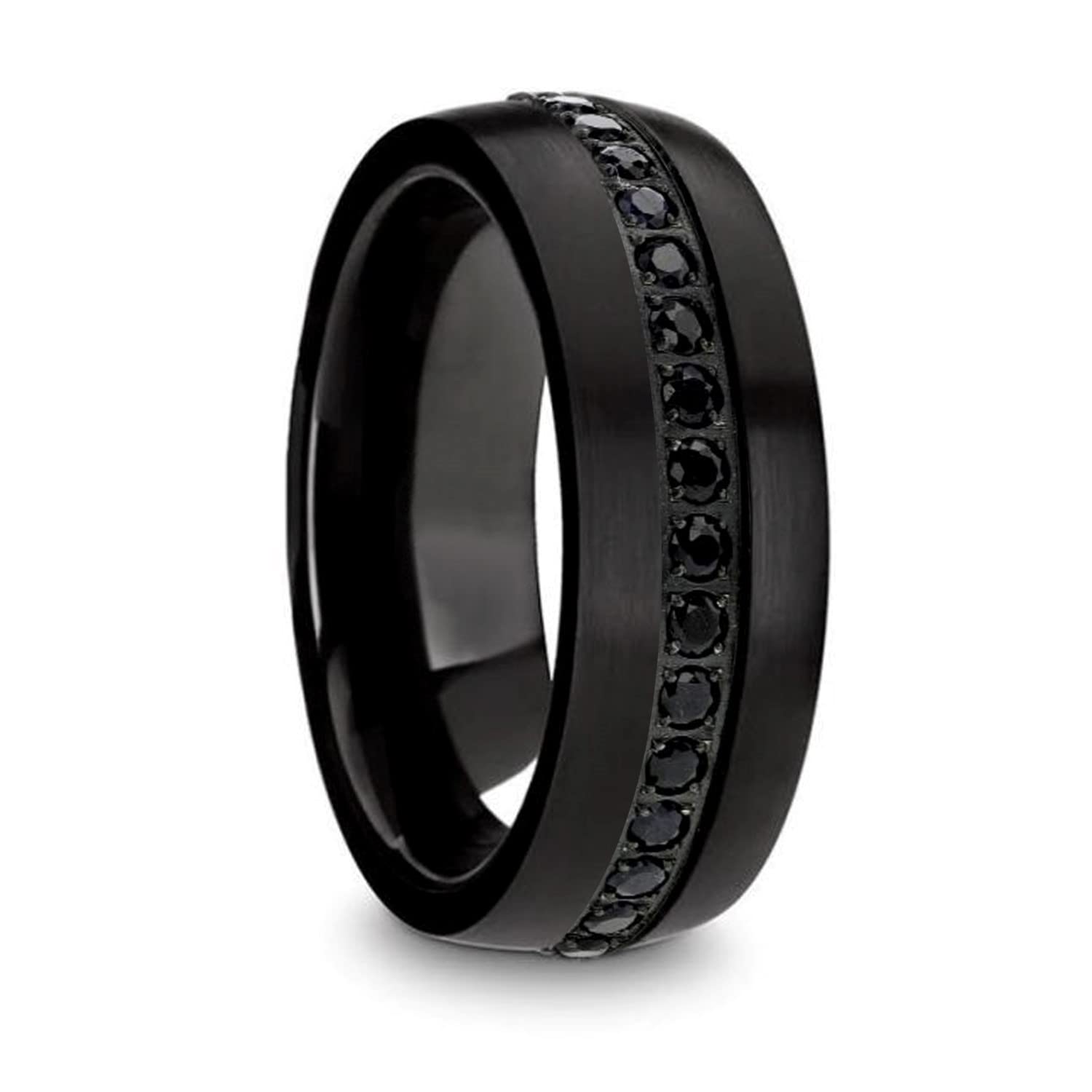 Black Tungsten Ring | Black Diamonds | Black Tungsten Wedding Band | Domed Brushed Tungsten Ring | Comfort Fit - 8mm