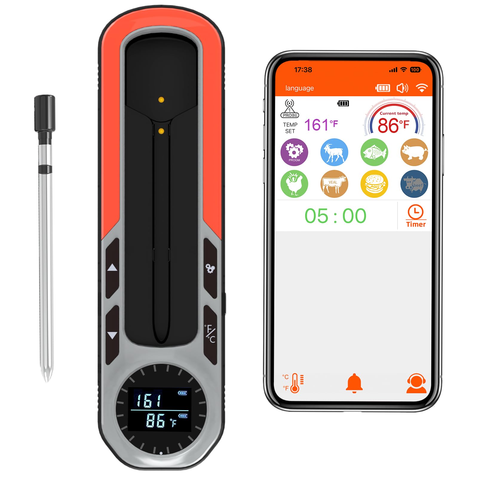 BHY Wireless Meat Thermometer - Smart Digital Cooking Thermometer with 500Ft Remote Range Wireless Probe, Food Thermometer for BBQ Oven Grill, with iOS & Android App, LCD Ddisplay