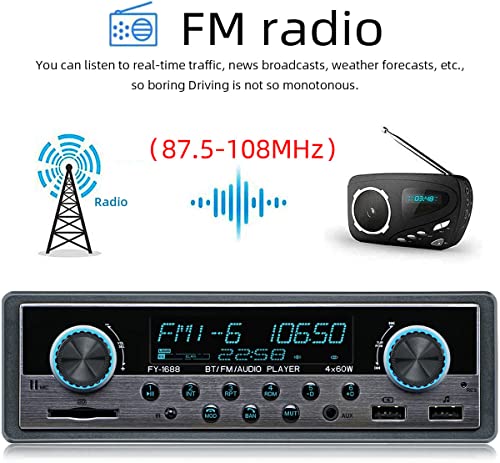 FYPLAY Dual USB Car Stereo Radio Receiver - Single Din, Bluetooth Hands Free Calling, Support USB/SD/AUX/MP3, with Clock Display LCD, Dual Knob Car Multimedia Audio Player, USB Fast Charging
