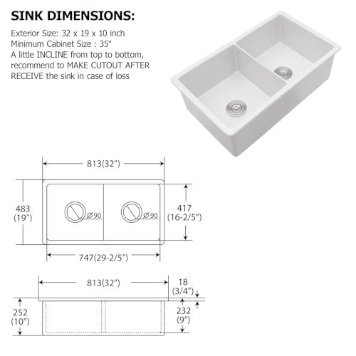Dcolora 32 Inch White Fireclay Kitchen Sink Porcelain Double Bowl 50/50 Split Undermount Sinks Dual Mount Ceramic Sink Under Counter DC-U7737
