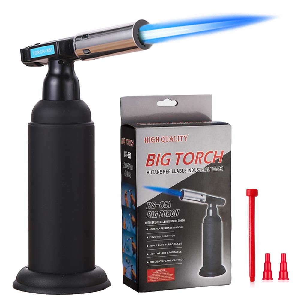 Butane Torch, JUN-L Big Blow Torch Refillable Cooking Torch Lighter, Adjustable Flame for Desserts, BBQ, Soldering with Safety Lock (Butane Gas Not Included) (Black)