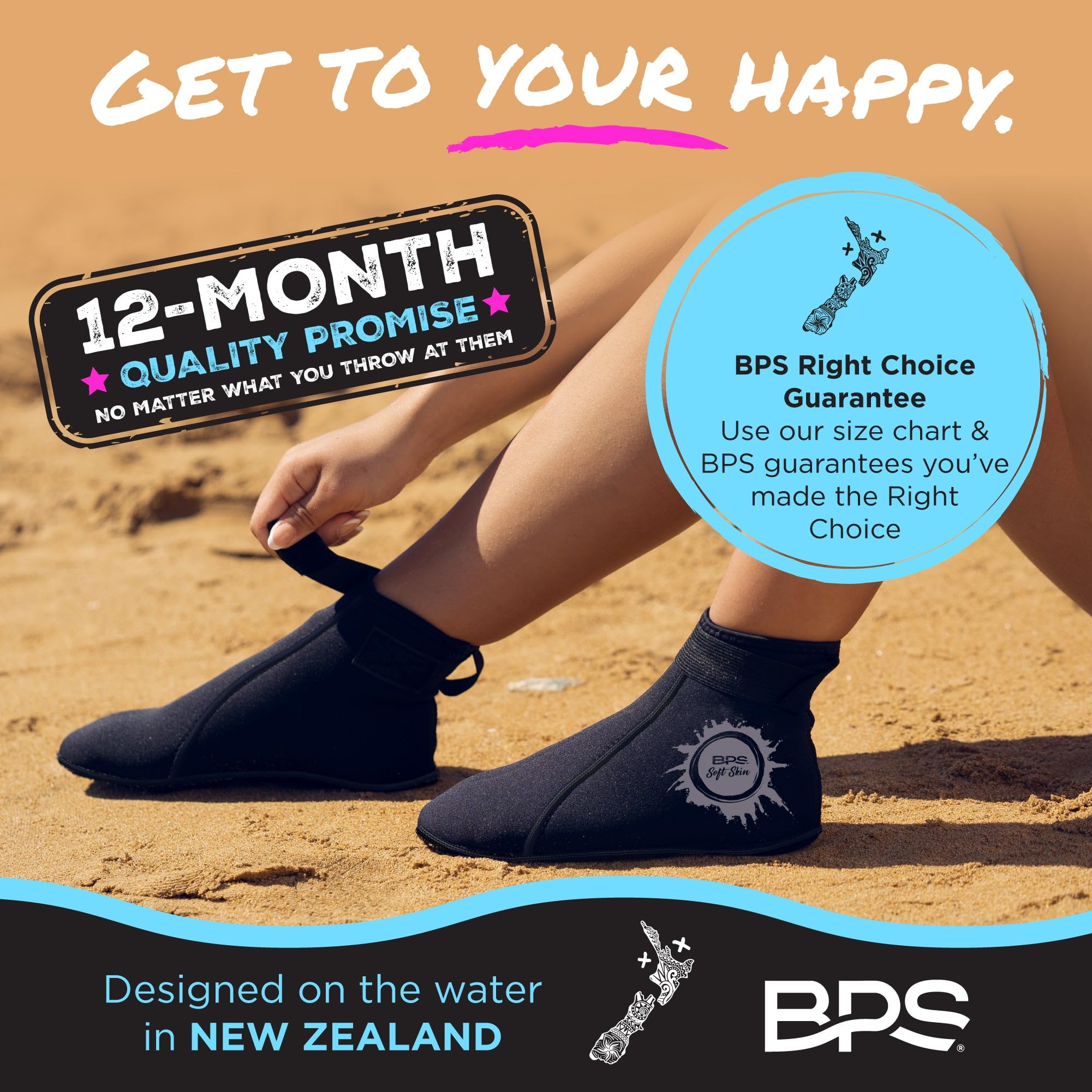 BPS - 'SOFT SKIN' Neoprene Water Socks (Low Cut) - Black w/Lilac Grey Logo - L