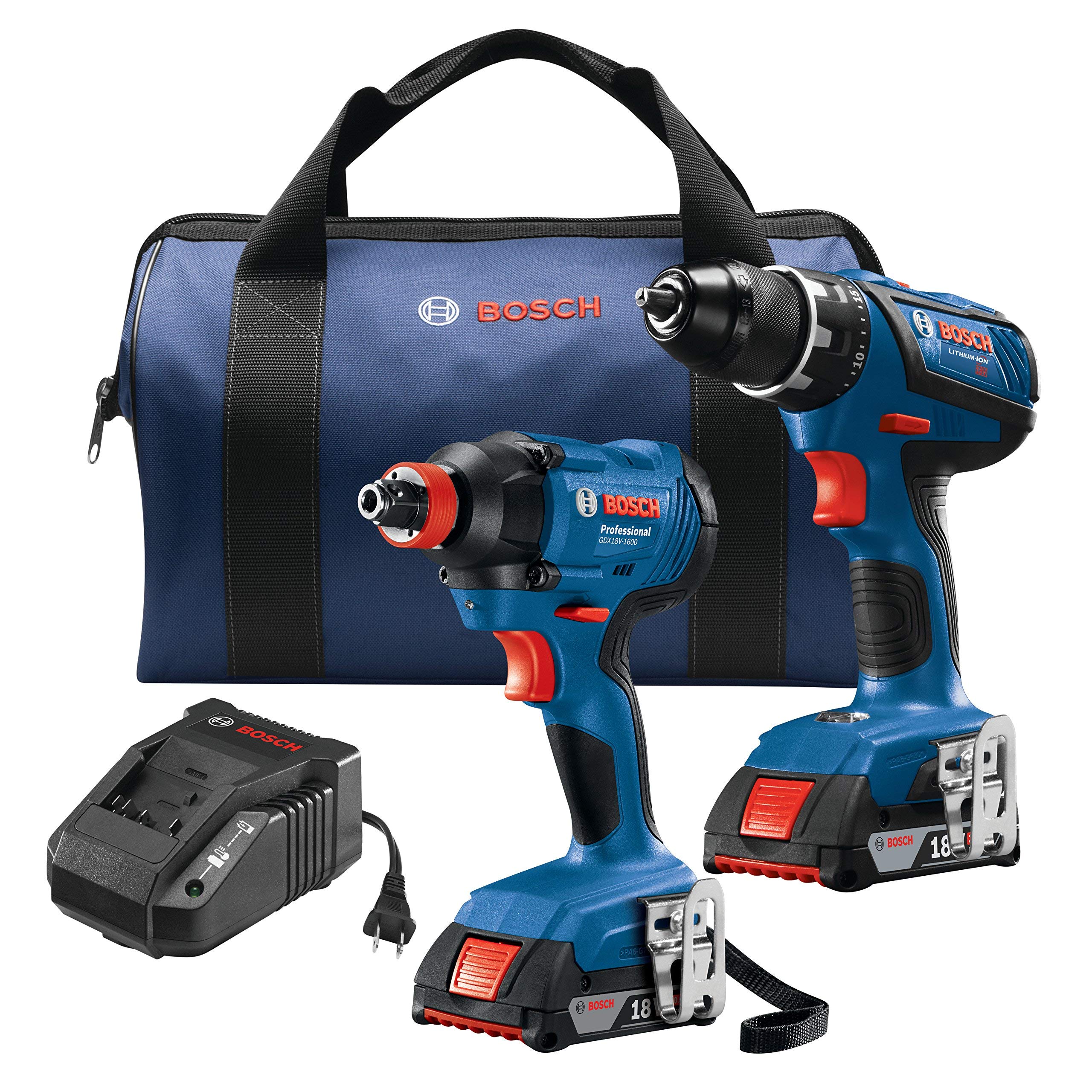 Bosch GXL18V-232B22-RT 18V Compact Tough Lithium-Ion 1/2 in. Cordless Drill Driver / 1/4 in. and 1/2 in. 2-in-1 Bit/Socket Impact Driver Combo Kit (2 Ah) (Renewed)