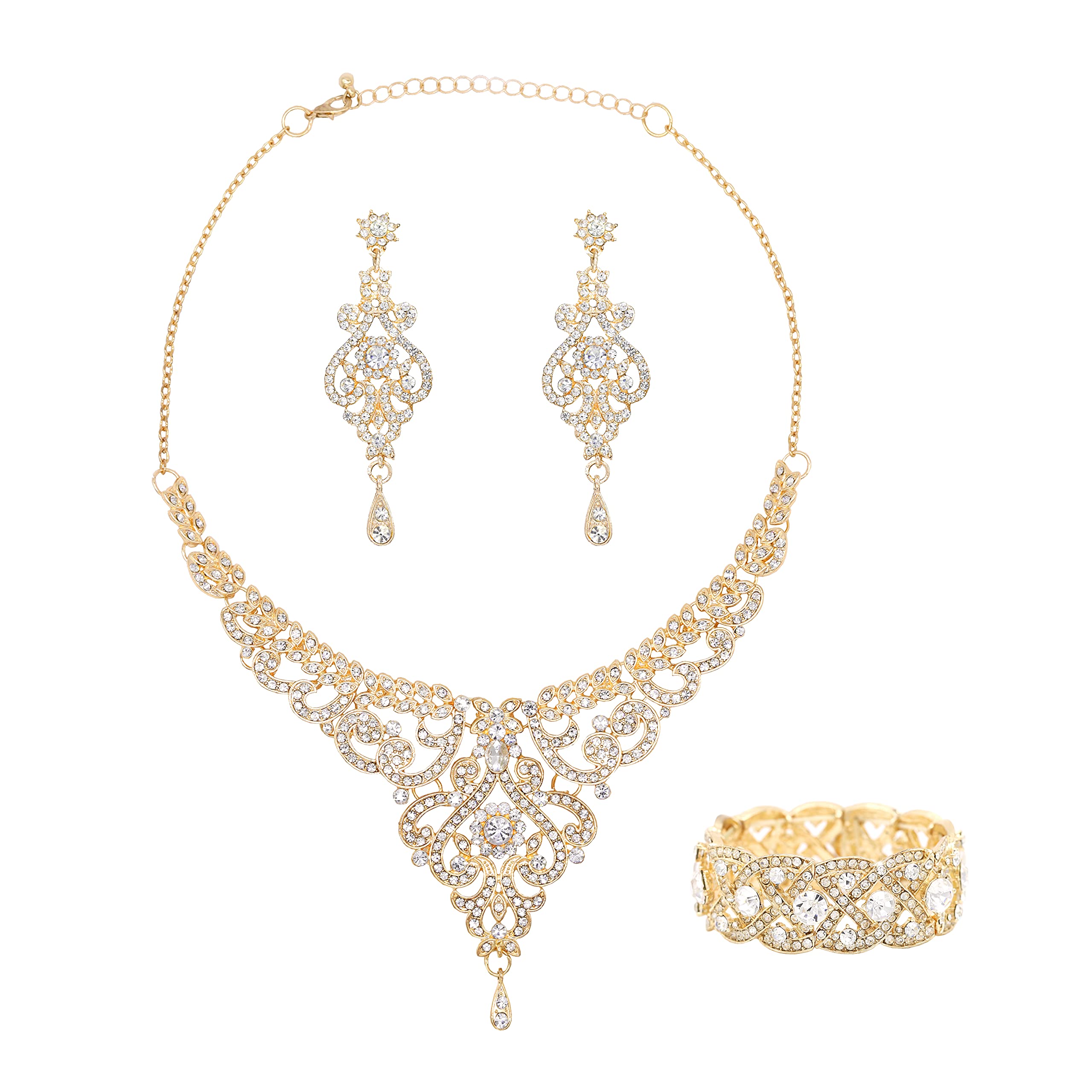 Oriamour Gold Prom Jewelry Wedding Jewelry Set Bridal Necklace Rhinestone Earrings Bracelets (Gold)