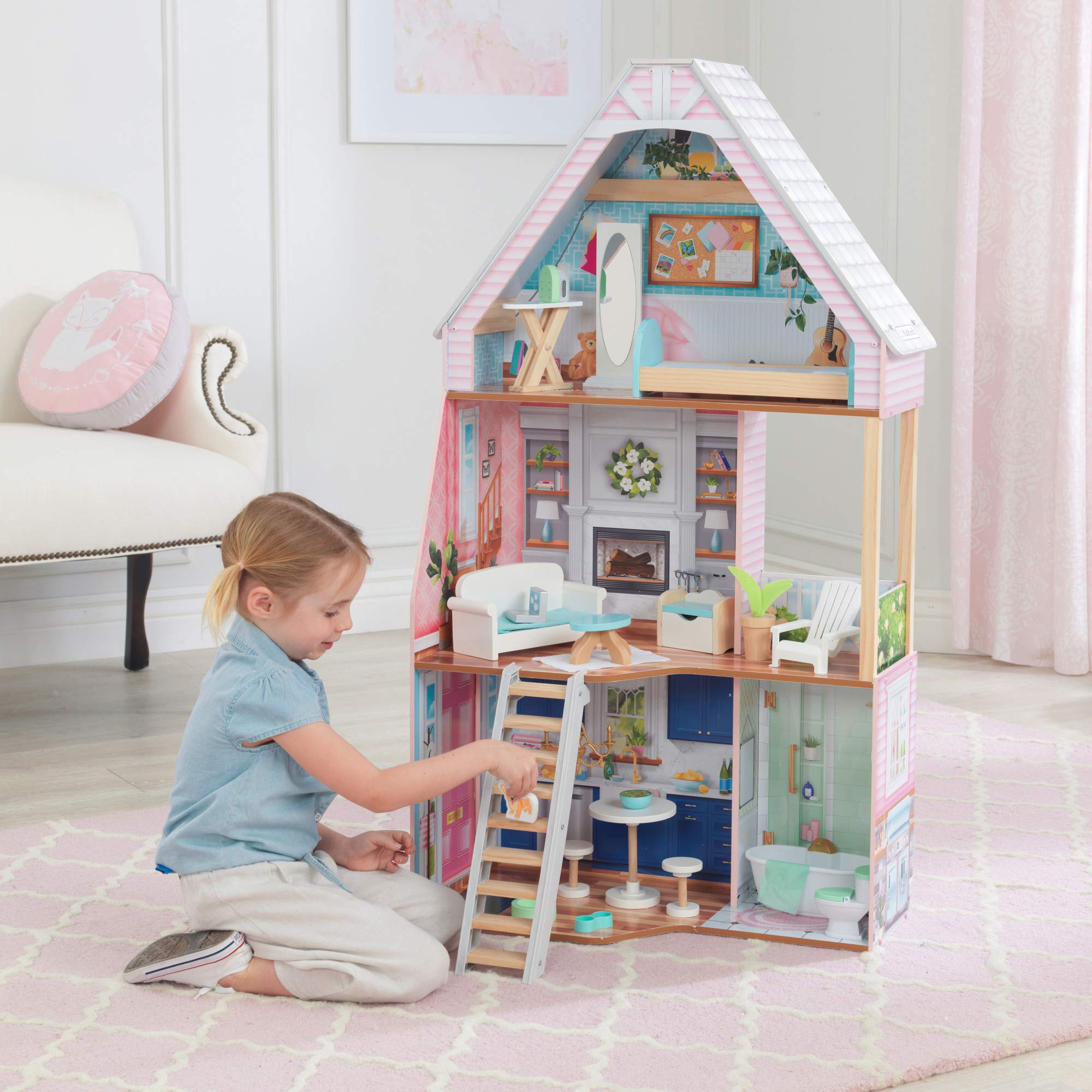 KidKraft Matilda Wooden Dollhouse with EZ Kraft Assembly™, Balcony, Movable Staircase and 23 Accessories, Gift for Ages 3+