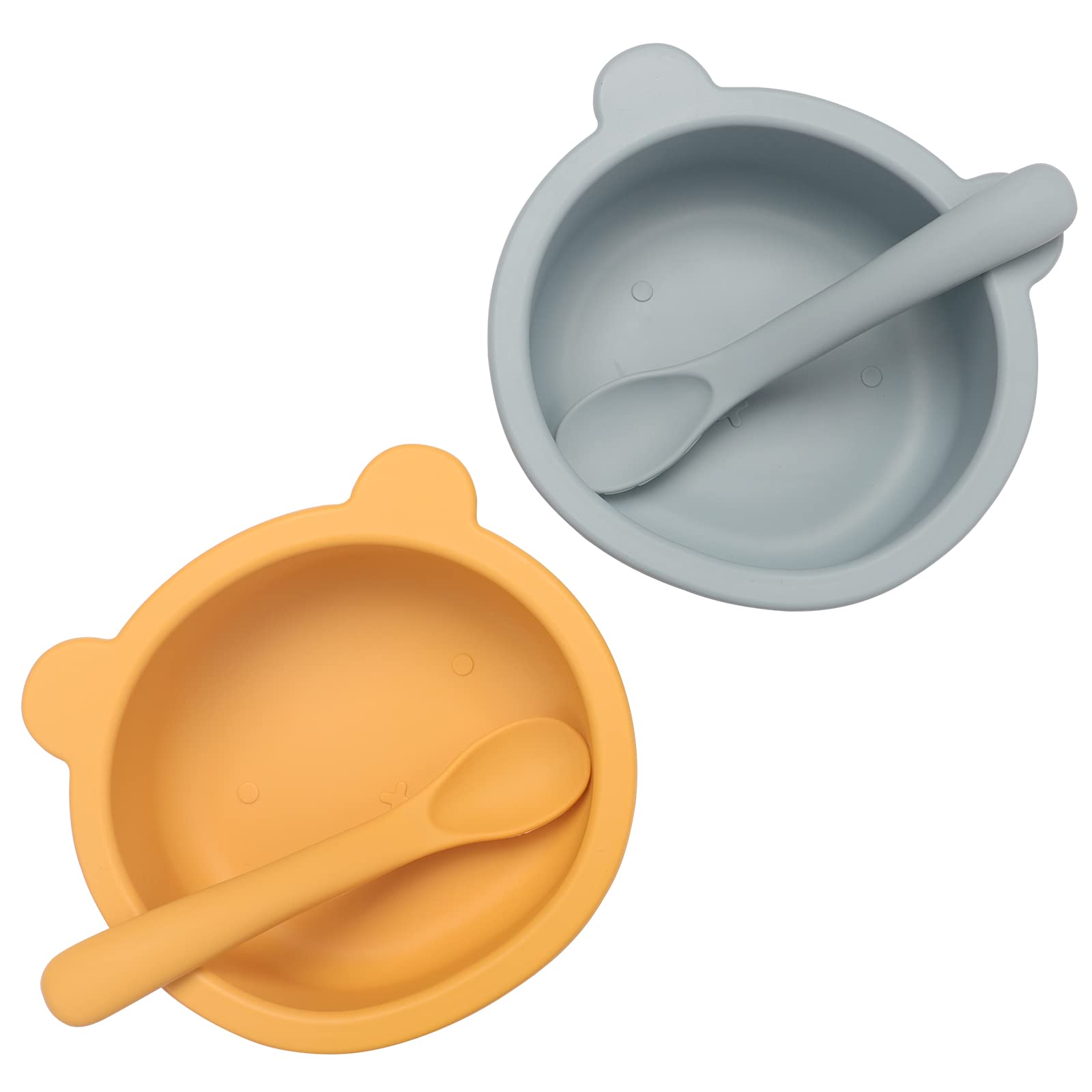 btrfe Silicone Baby Bowls with Suction | 2 Pack Toddler Bowls and Spoons | Baby Feeding Set | Dishwasher & Microwave Safe BPA Free (Dark Gray + Turmeric)