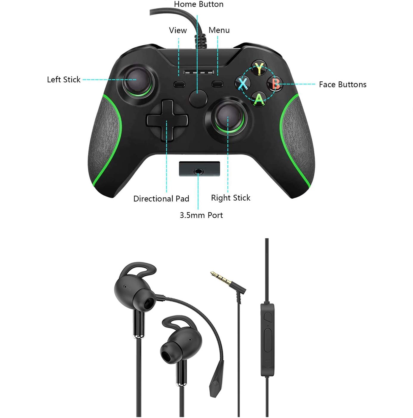 Byforphye Wired Controller for Xbox one, USB Wired Game Controllers Gamepad with Dual Vibration and Headset Jack Compatible for Xbox One/Xbox One S/Xbox One X/PC Windows 7/8/10(Provide Headset)