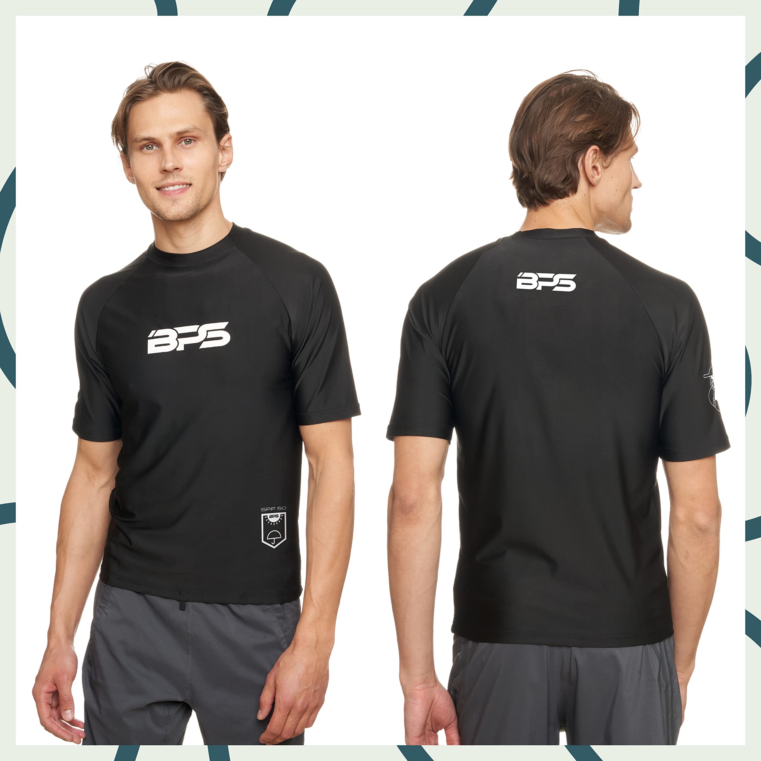 BPS Men's Short Sleeve Swim Shirt/Rash Guard with Sun Protection (Black, XL)