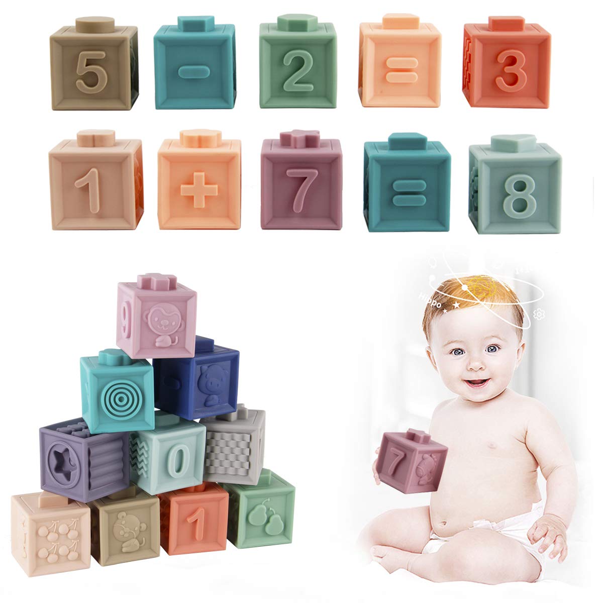 BOBXIN Baby Stacking Building Soft Block Toys, Infant Shape Sorter with Sensory Texture, Educational Learning Toy for Play Matching & Threading Game, Silicone Teething Toys for Babies 6-12 Months