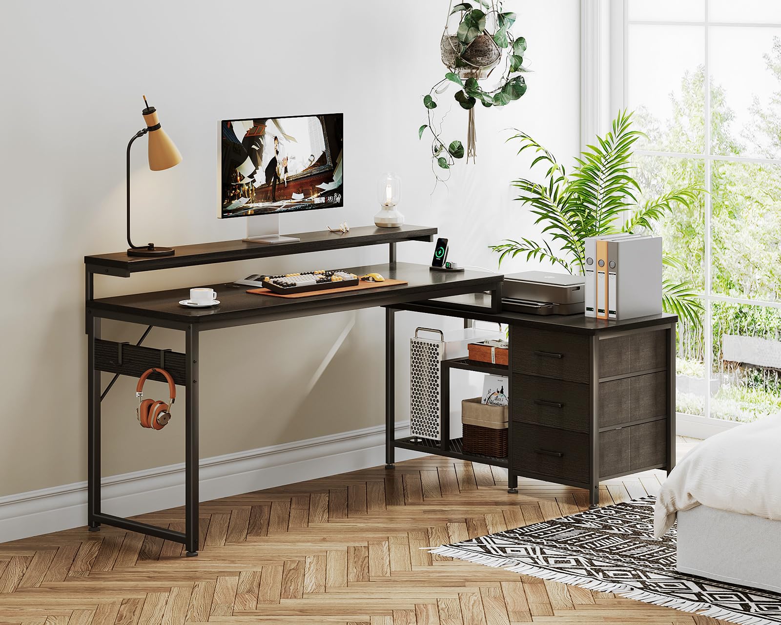 AODK 70 Inch L Shaped Computer Desk with Power Outlets & USB Charging Ports, Reversible L-Shaped Corner Desk with Drawers & Monitor Stand, Home Office Workstation with Storage Cabinet, Rustic Brown